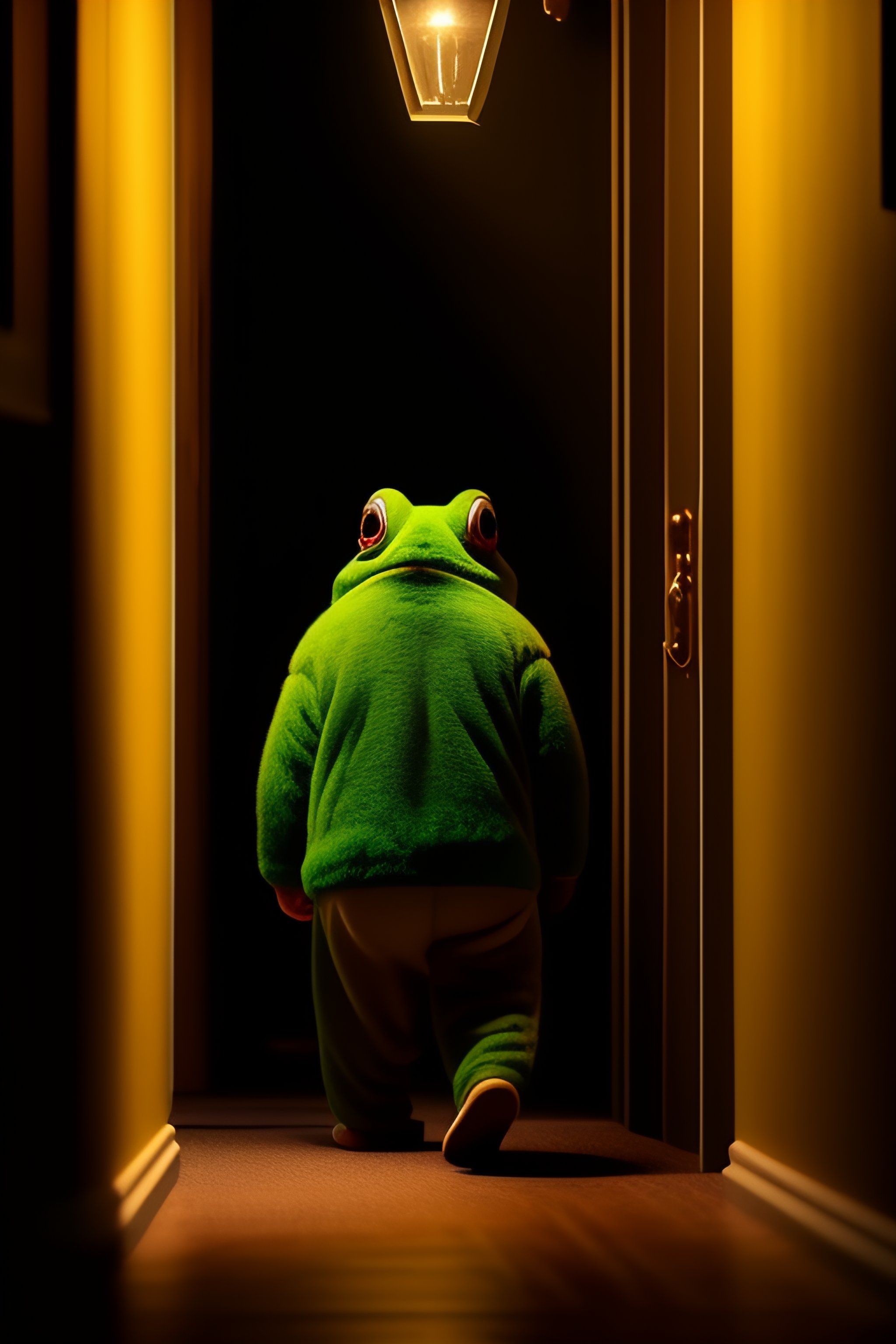 Lexica - An exhausted pepe the frog in his studio walking down his ...