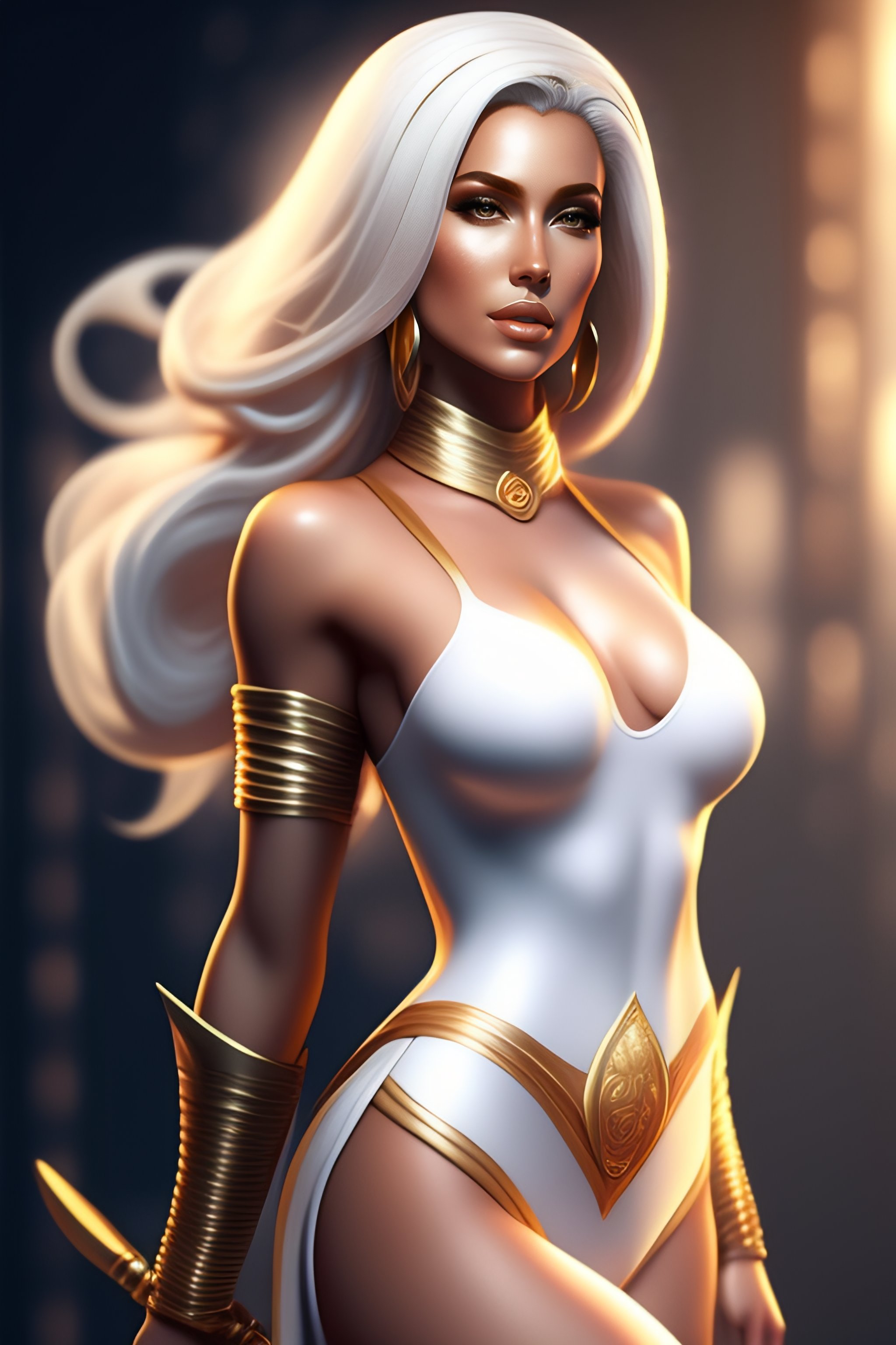 Lexica - Athena goddess,white skin, belly,thigh slit dress, posing, trending on Artstation