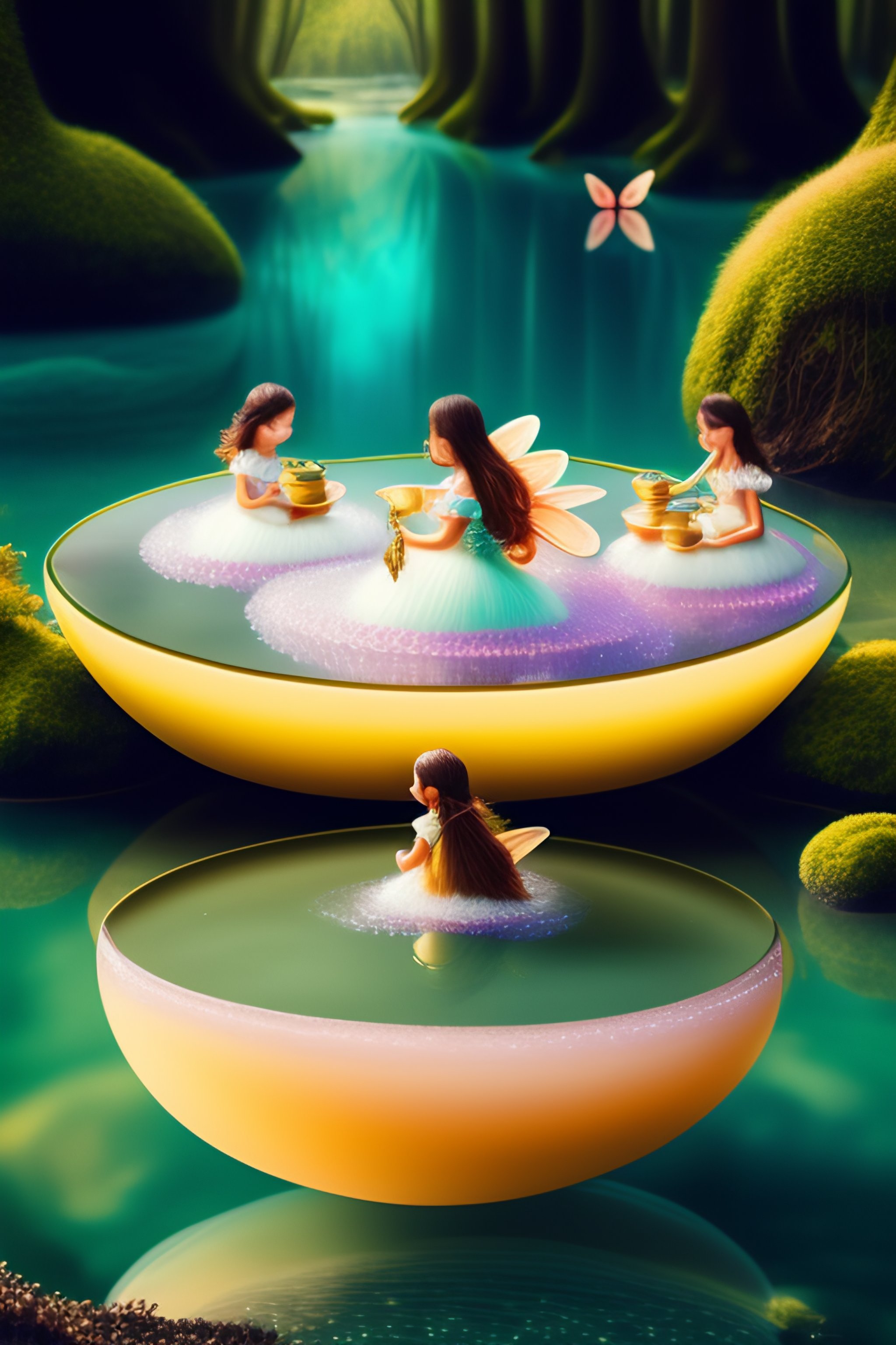 Lexica - Fairies bathing in teacups that are floating down a bubbling ...