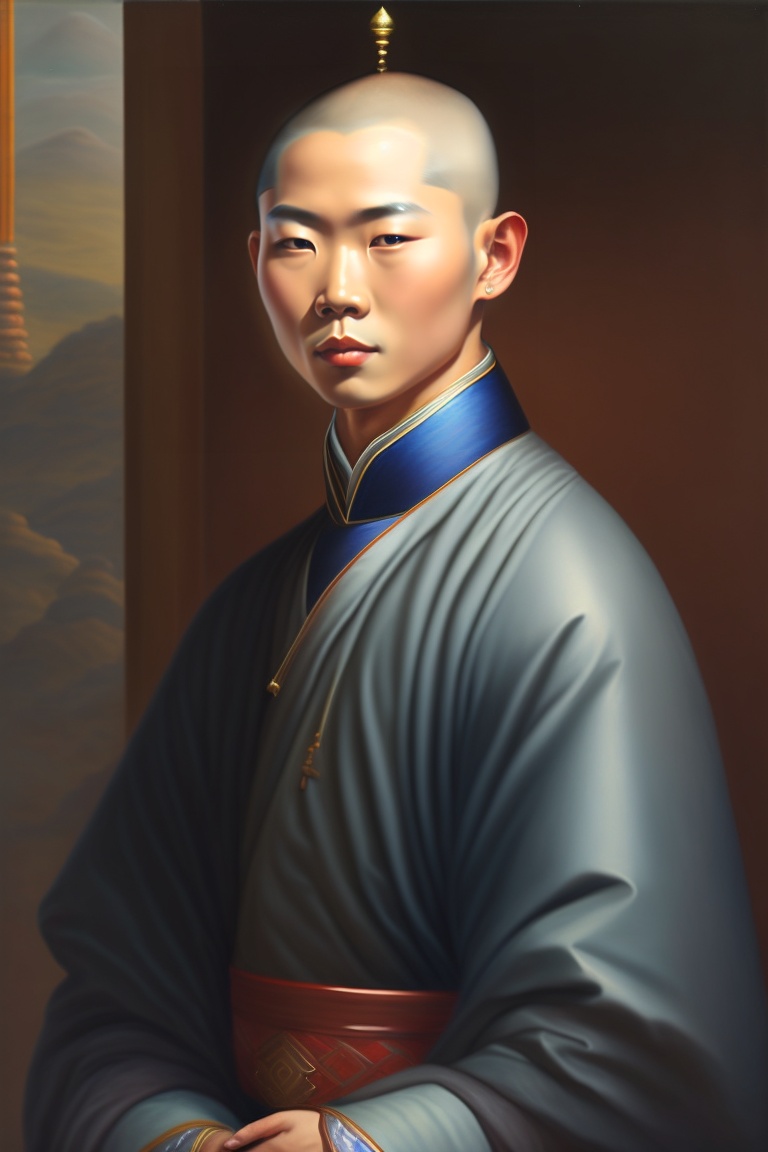 Lexica - Oil paiting of a chinese monk, temple,nack crane,no hair