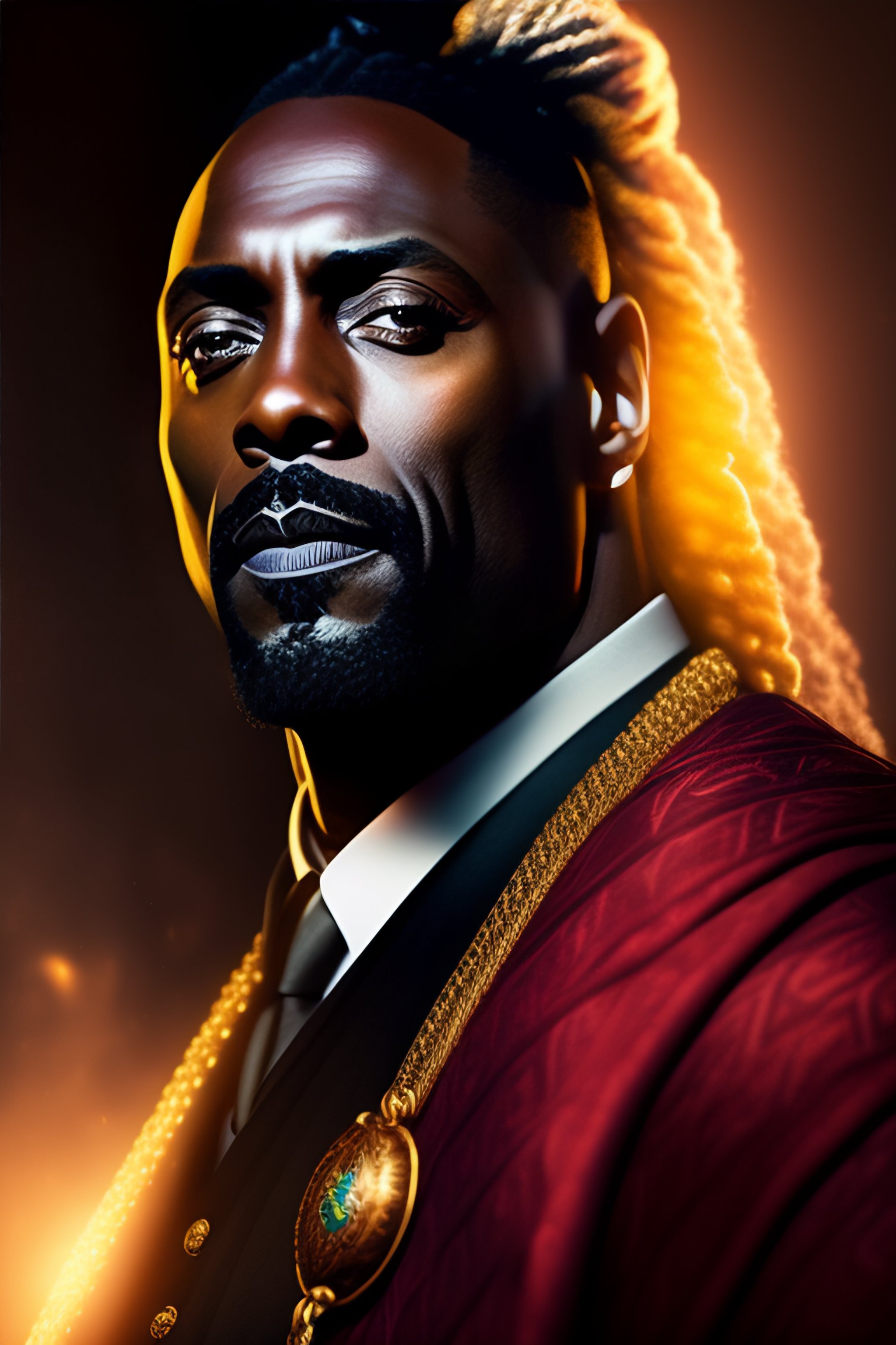 Lexica - Idris Elba, D&D Wizard with staff gem, dreadlock hair