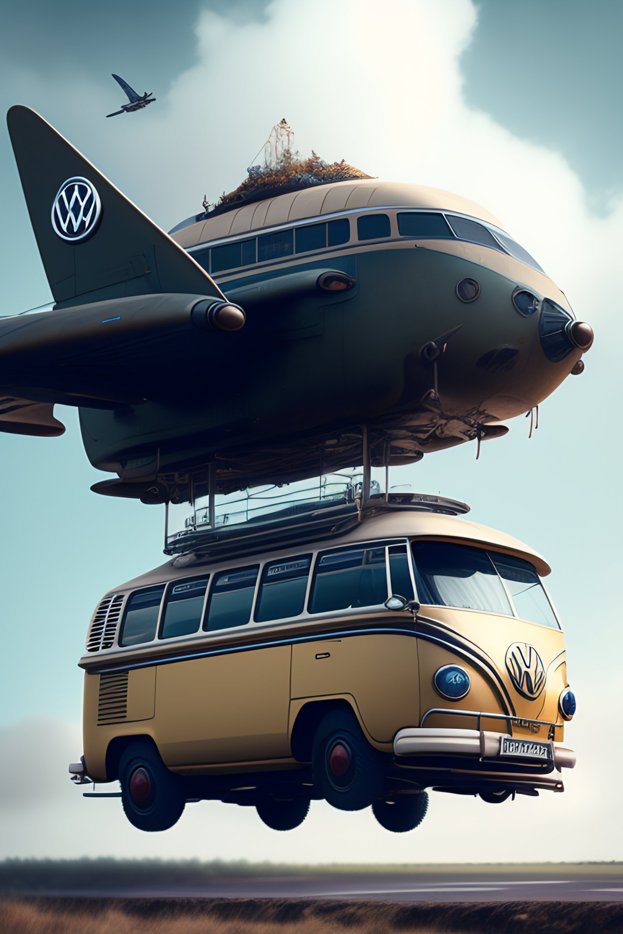 Lexica - Vw type 2 bus flying flapping wings over the sky ...