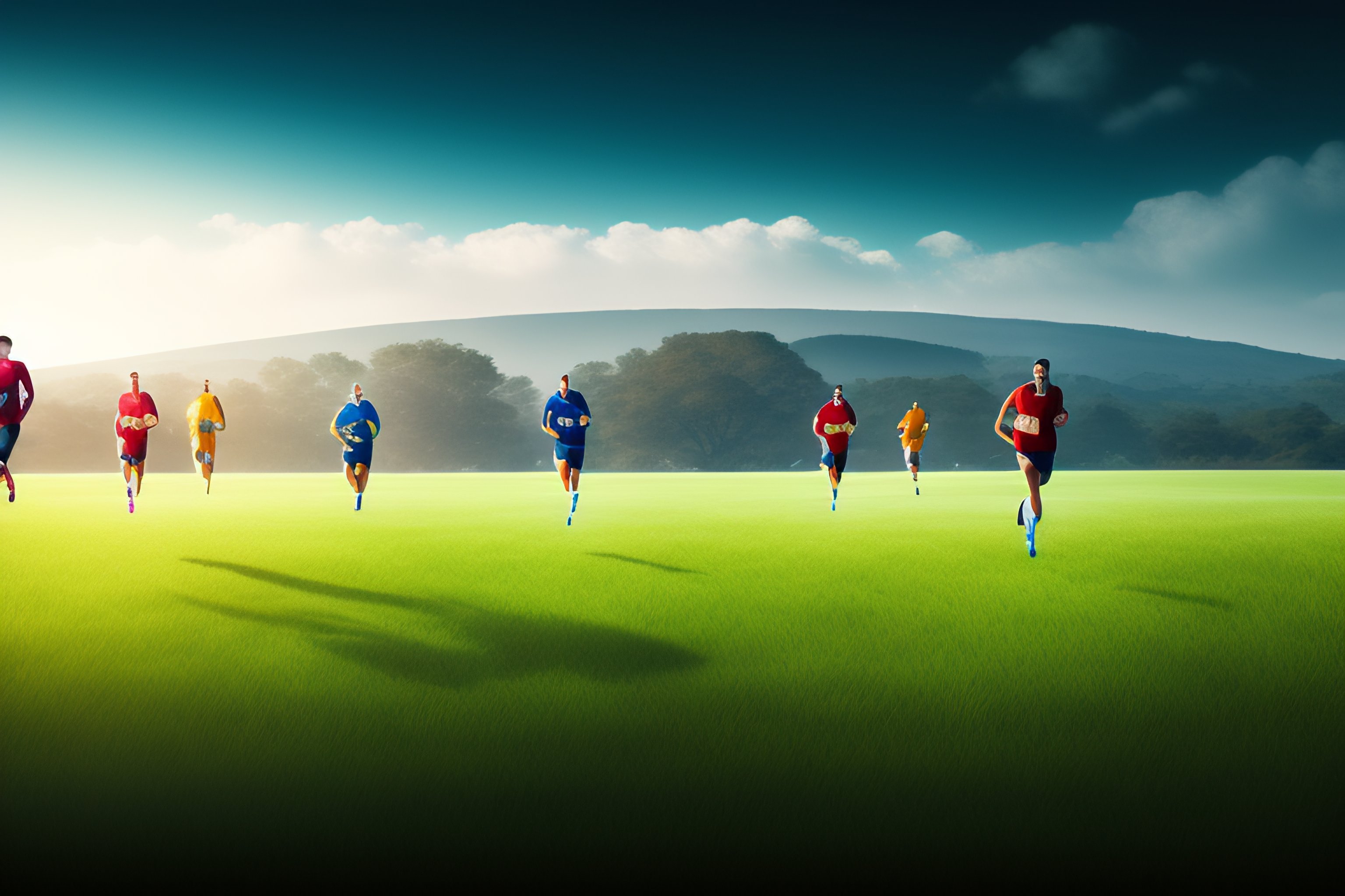 Lexica - A lot of men and women running, front view, grass ground, sun ...