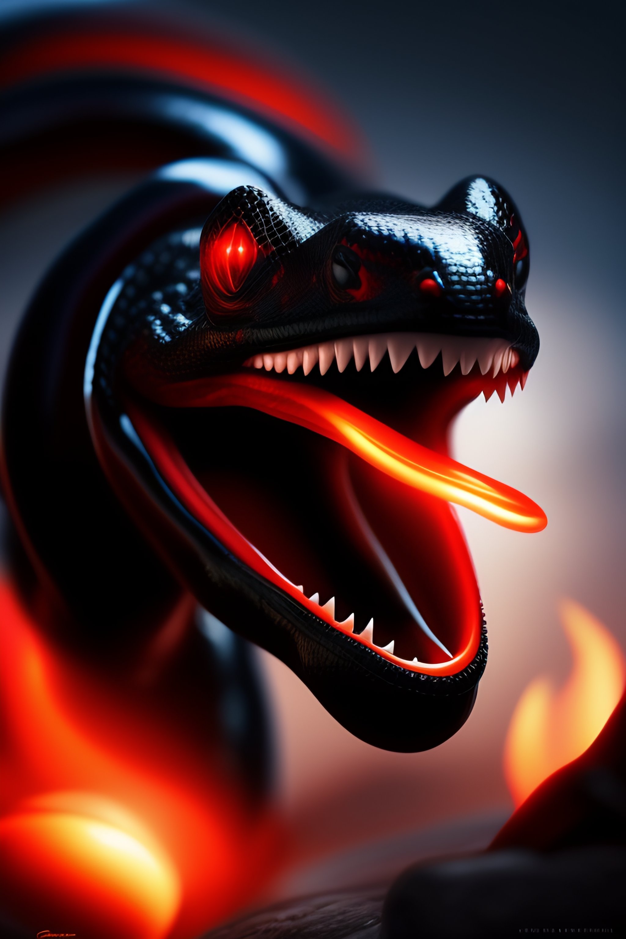 Lexica - Black colored snake!, red snake eyes, toothy mouth with fangs ...