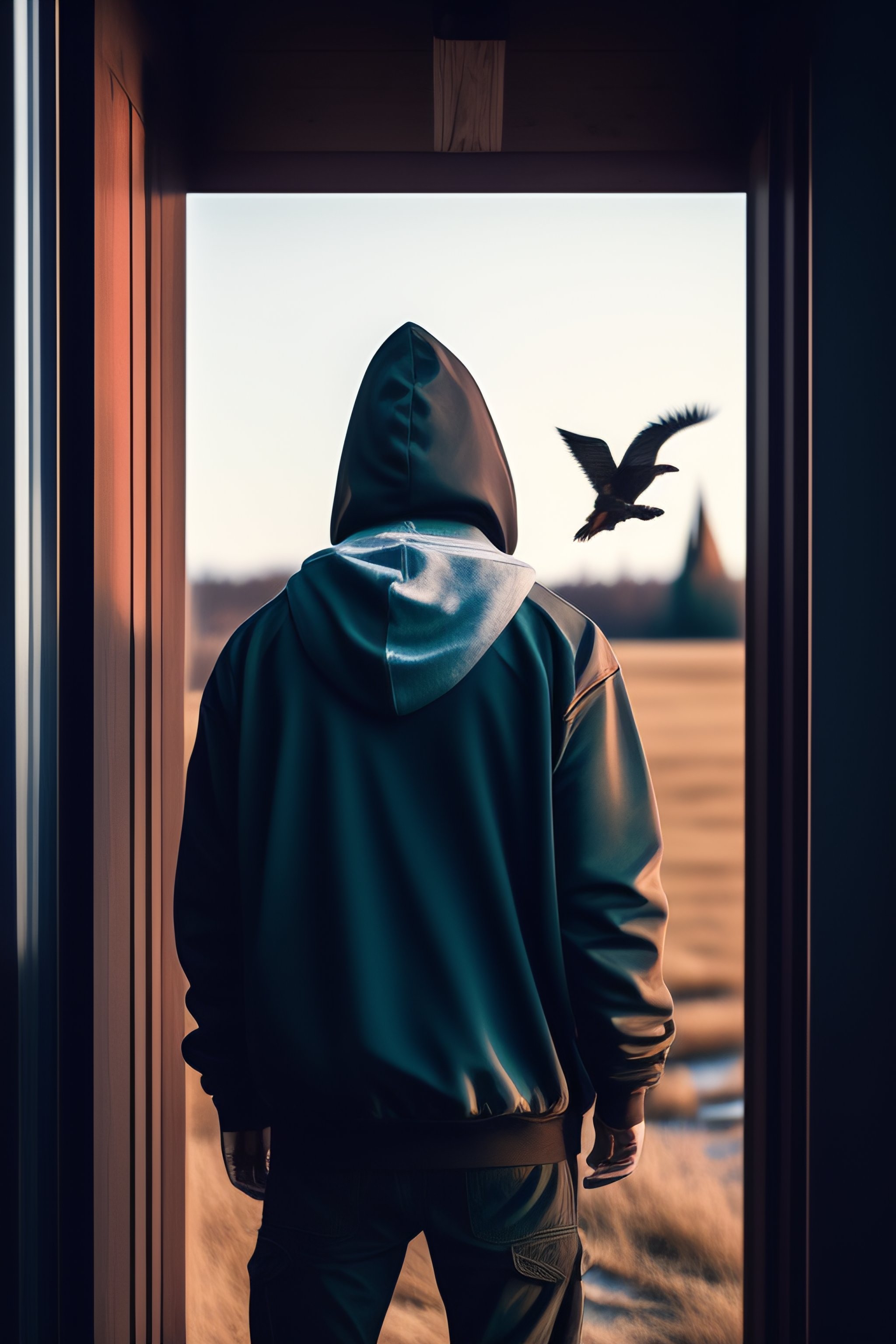 Lexica - Vertical film frame, junkie guy, wearing a hoodie on his head ...