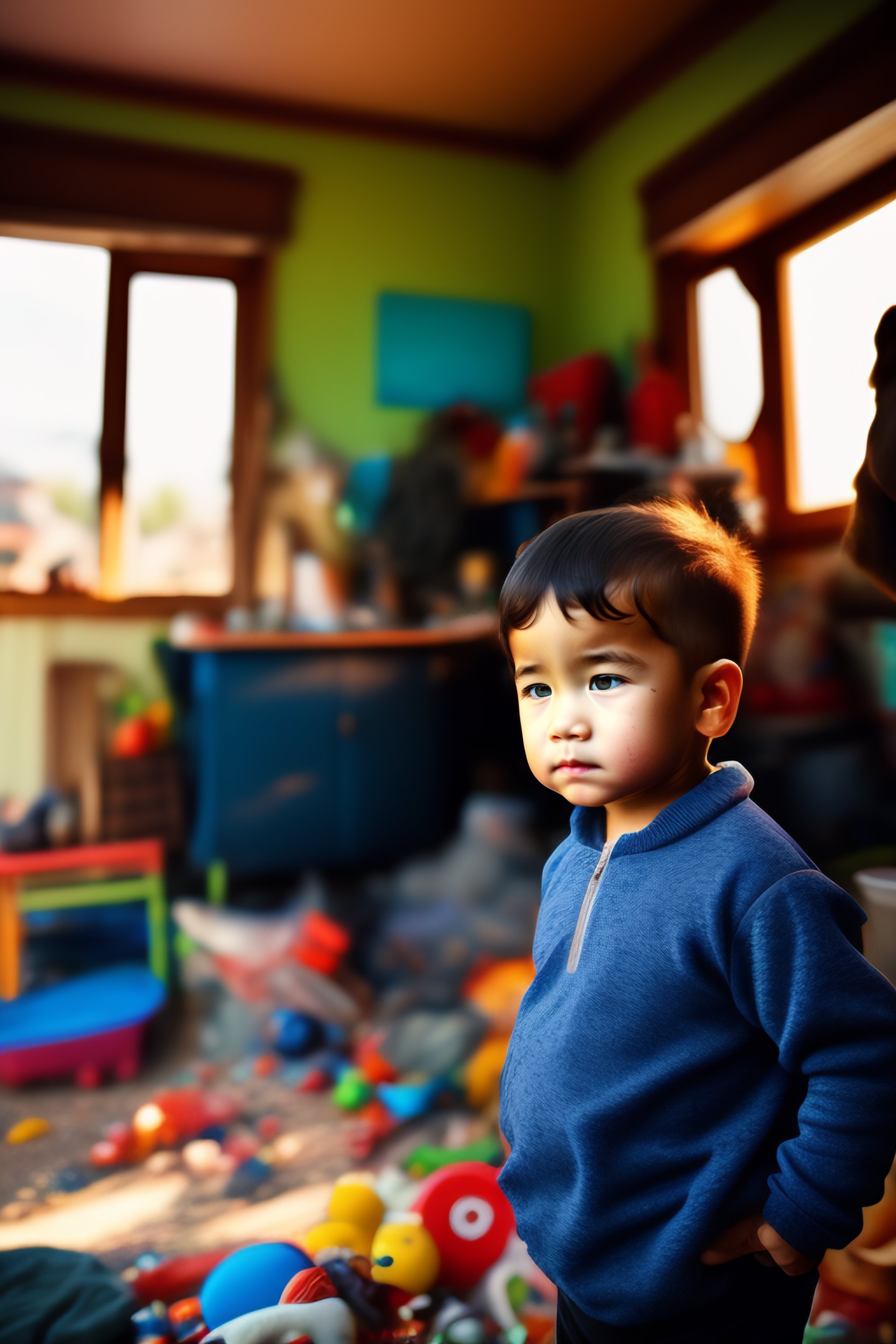 Lexica - Wide angle little boy in messy cluttered house, chaotic cabin ...