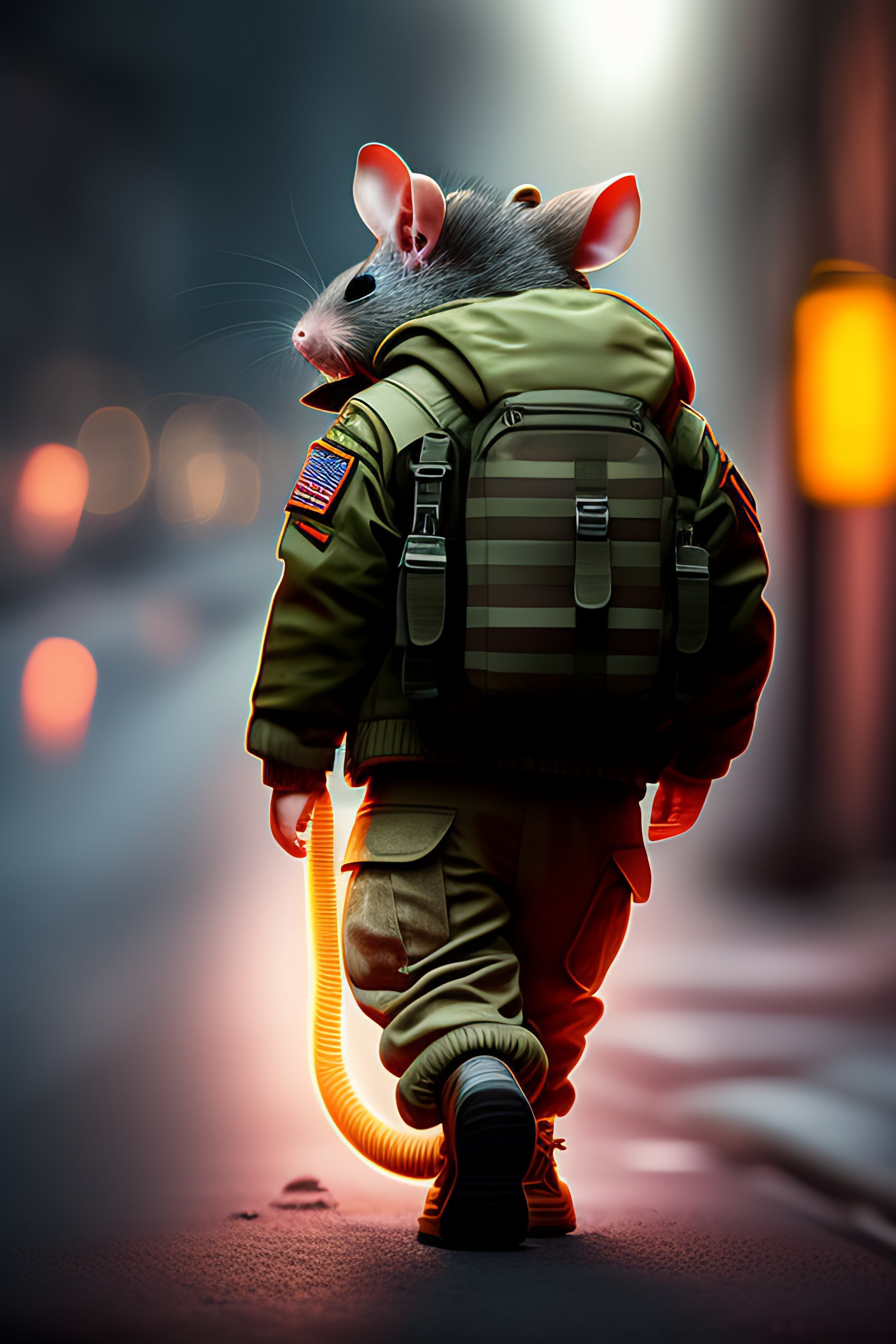Lexica - A military rat with a machine gun walking with a baby by an ...