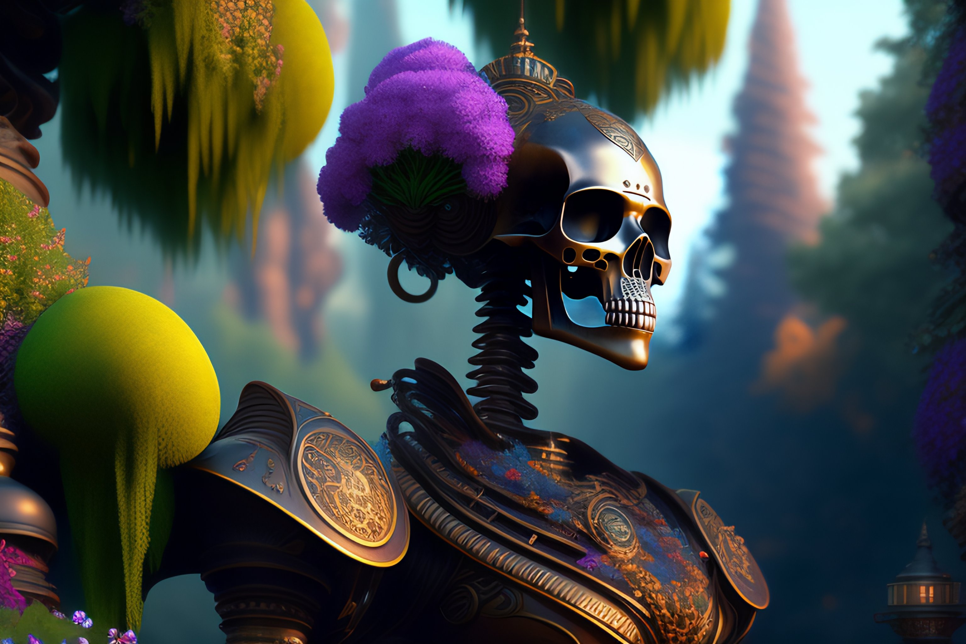 Lexica - A carved overgrown statue of a skelleton, robot, extremly ...