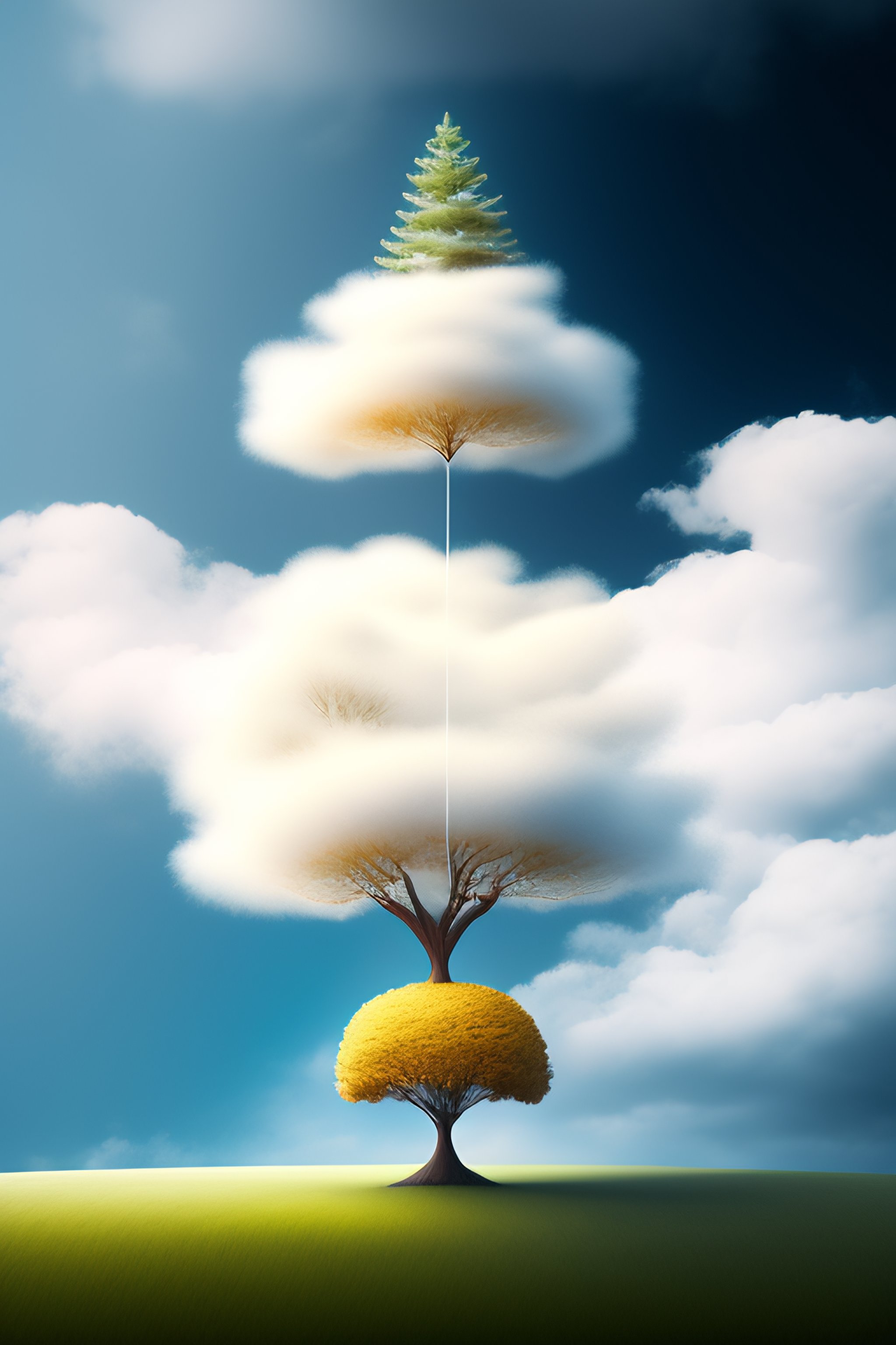 Lexica - A levitating tree with fluffy clouds, white windy strings and ...