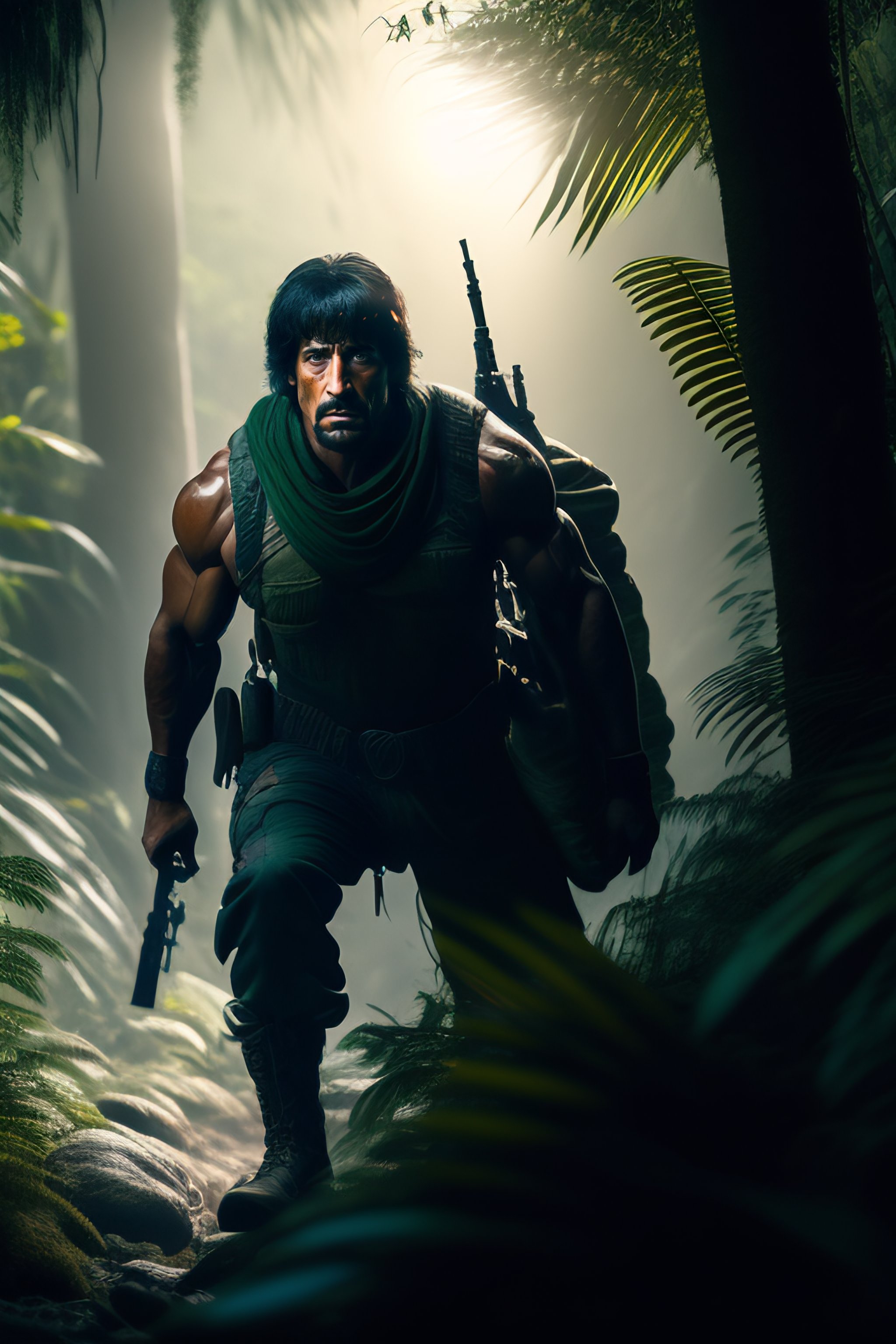 Lexica - Action shot of john rambo in a jungle, cinematic lighting ...