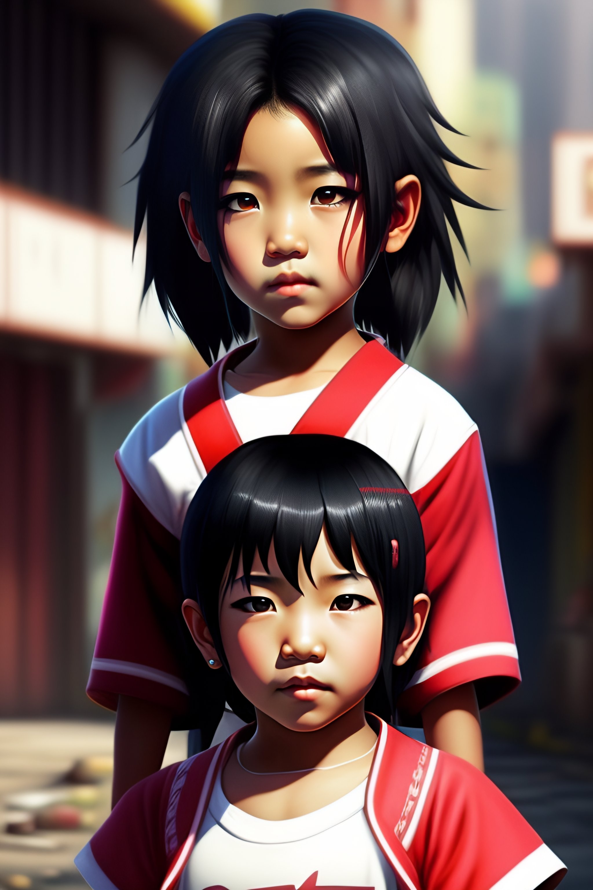 Lexica - Sakura Haruno child, black hair, realistic, slum background