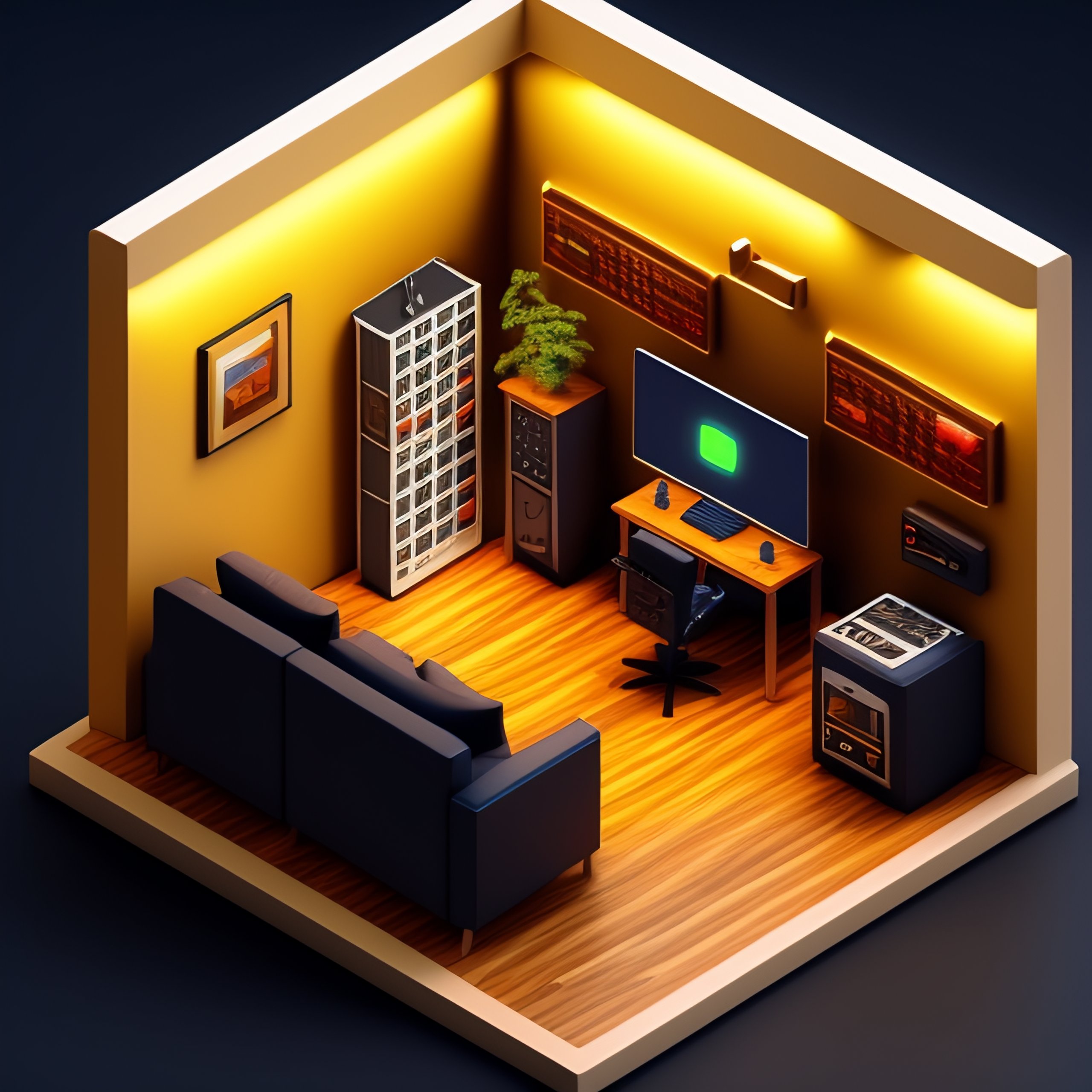 Lexica - Isometric render of a gaming room, 1 man playing videogame