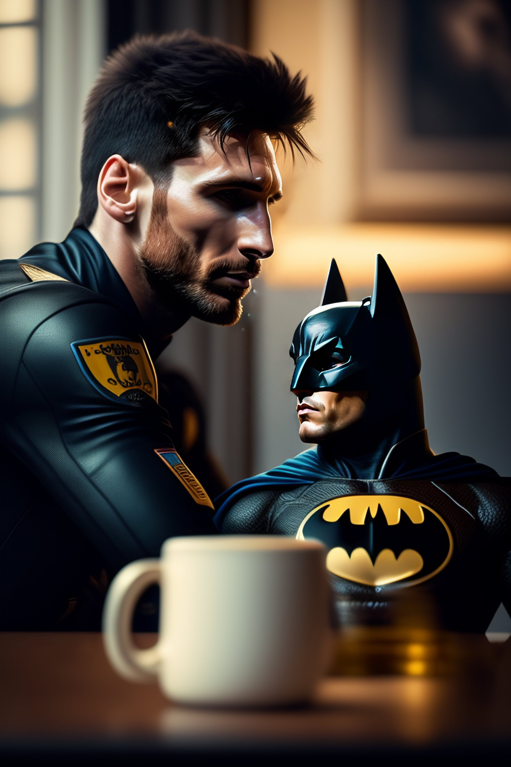 Lexica - Messi tomando un cafe con Batman, photorealist 4k