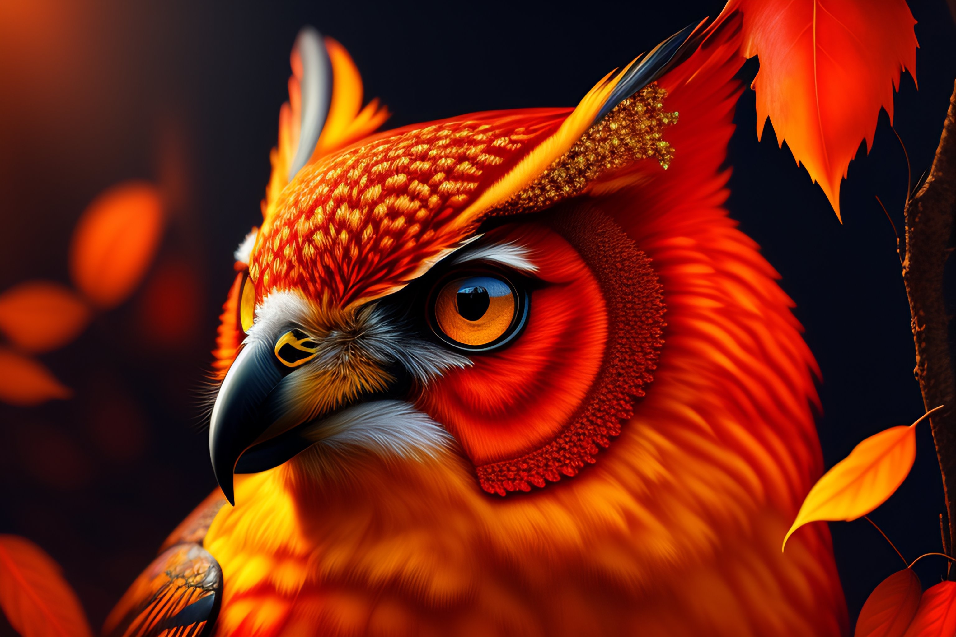 Lexica - Radiant red owl, glowing amber, autumn colours, highly ...