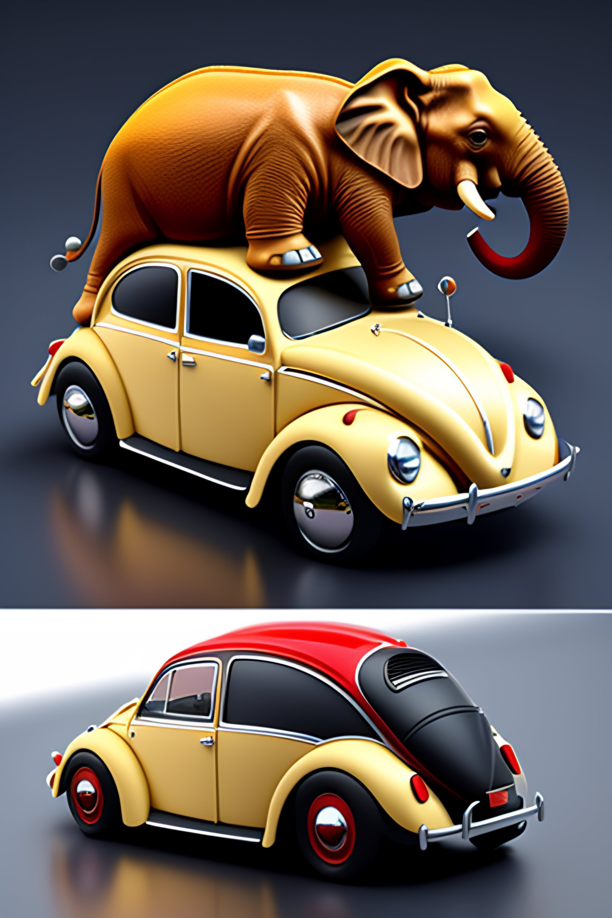 Lexica - 3D elephant driving on Volkswagen Beetle , highly detailed.