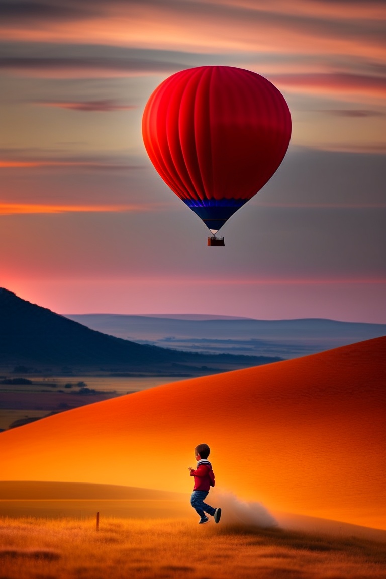 Lexica - A little boy chasing a red balloon, sunset, hill top