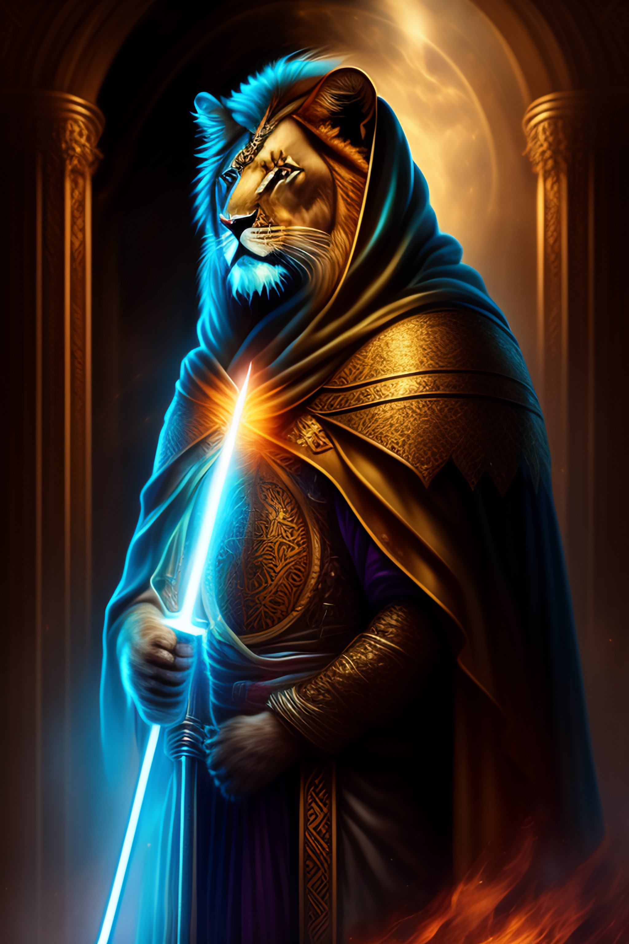 Lexica - Cloaked mage with a sword and a giant glowing divine lion ...