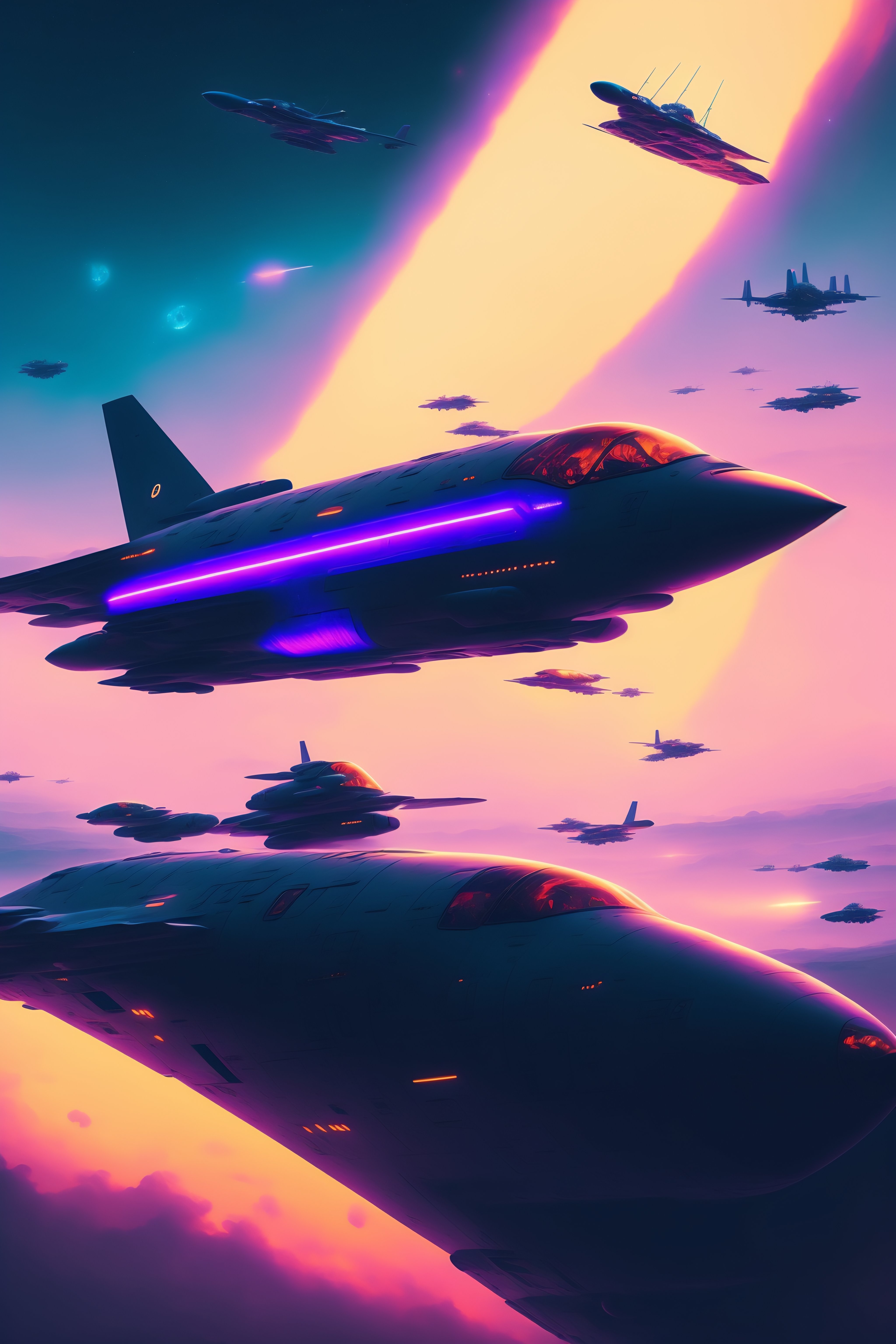 Lexica - Sleek synthwave military aircraft in space, with stars, by ...