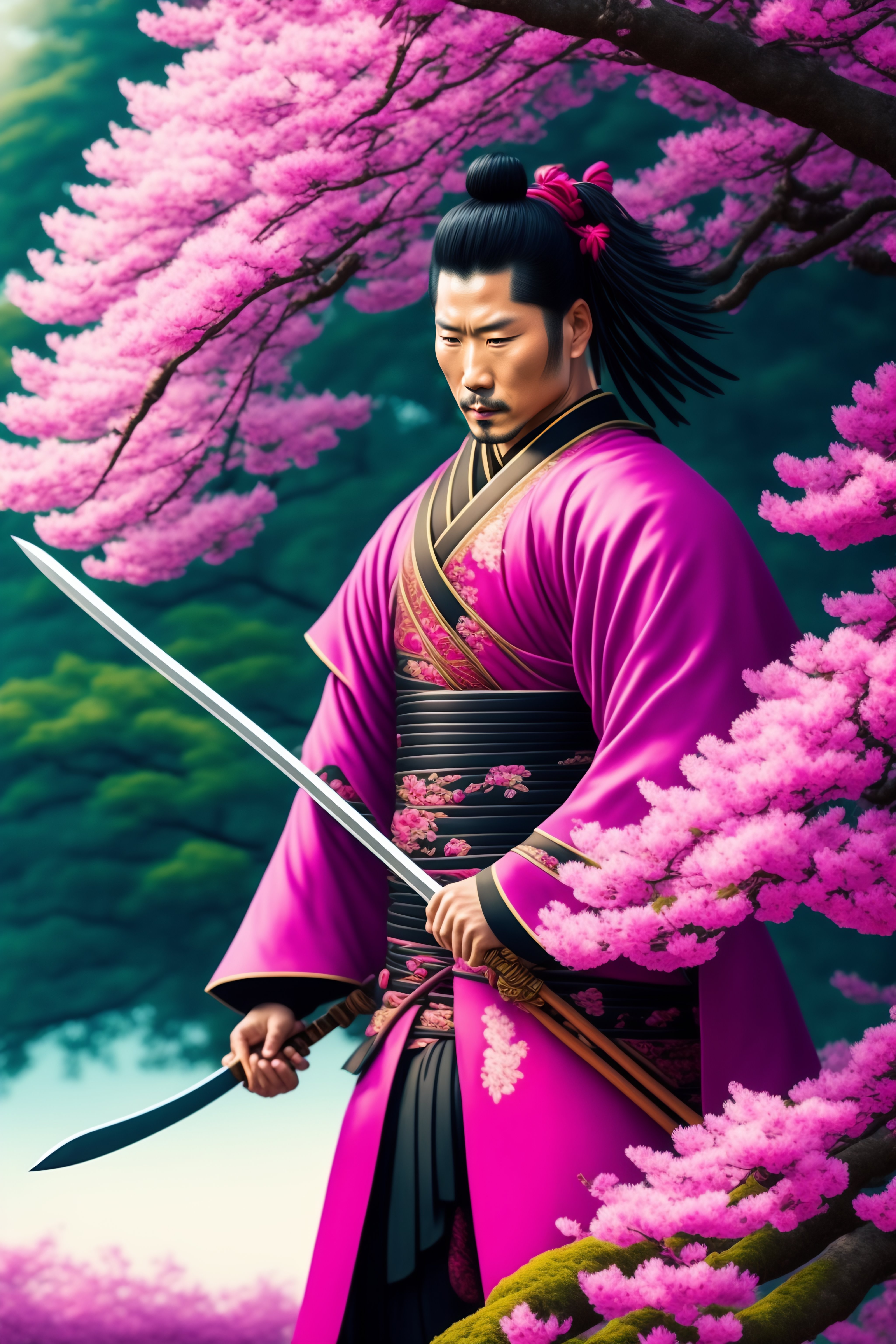 Lexica - Samurai with magenta kimono draws his katana under a sakura ...