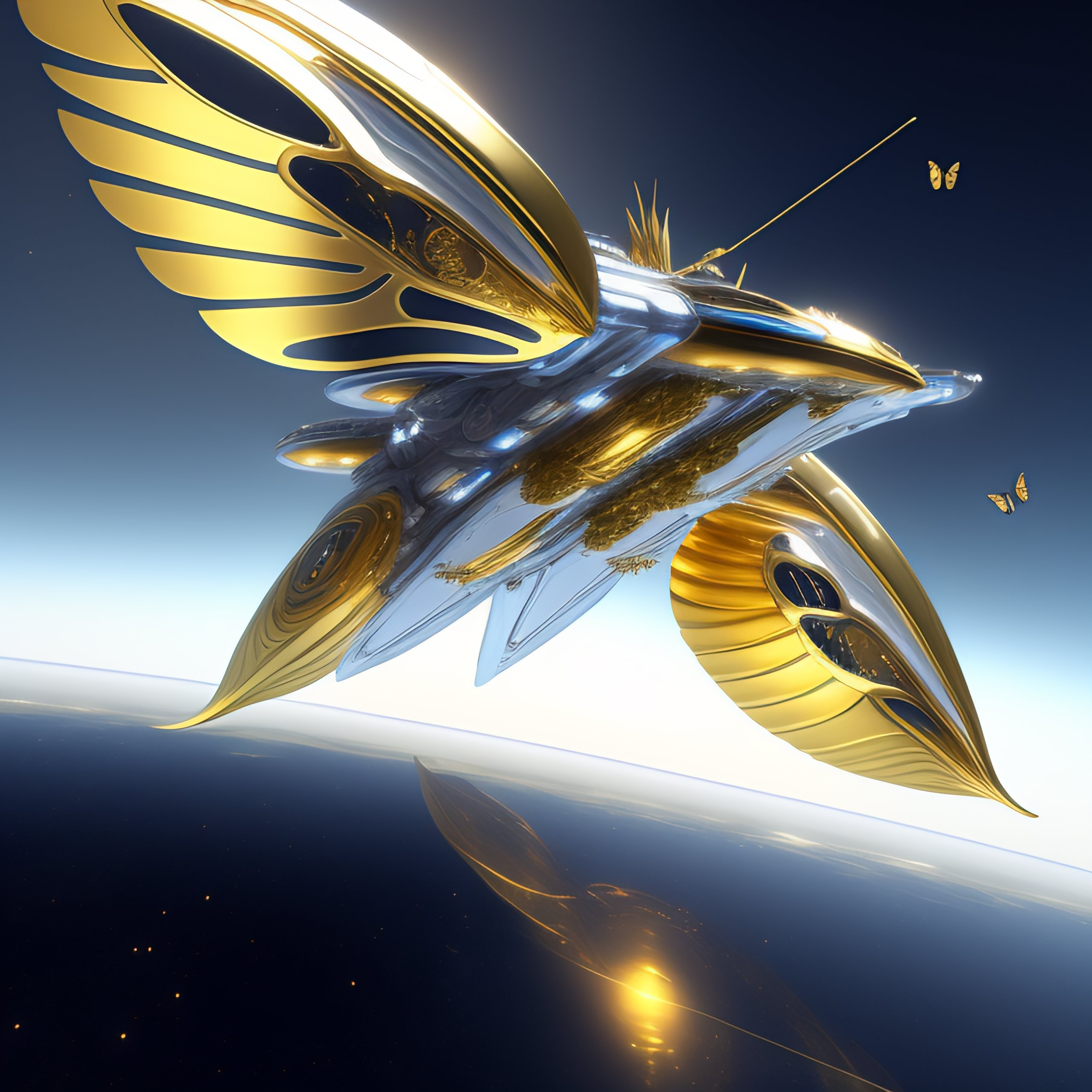 Lexica - A giant spaceship with butterfly wings made of ice and gold ...