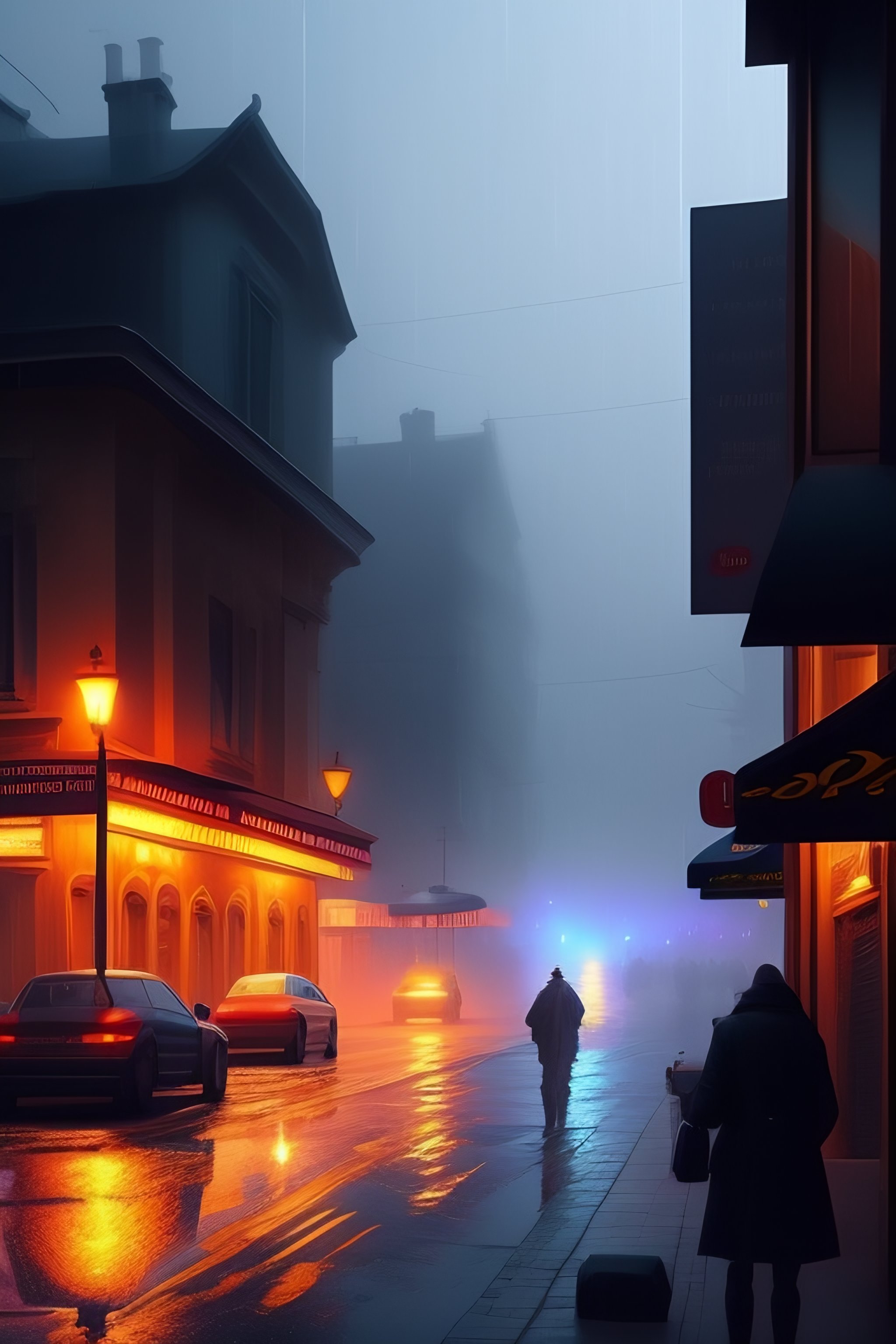 Lexica - Street scene at night partial fog with street light and parked ...