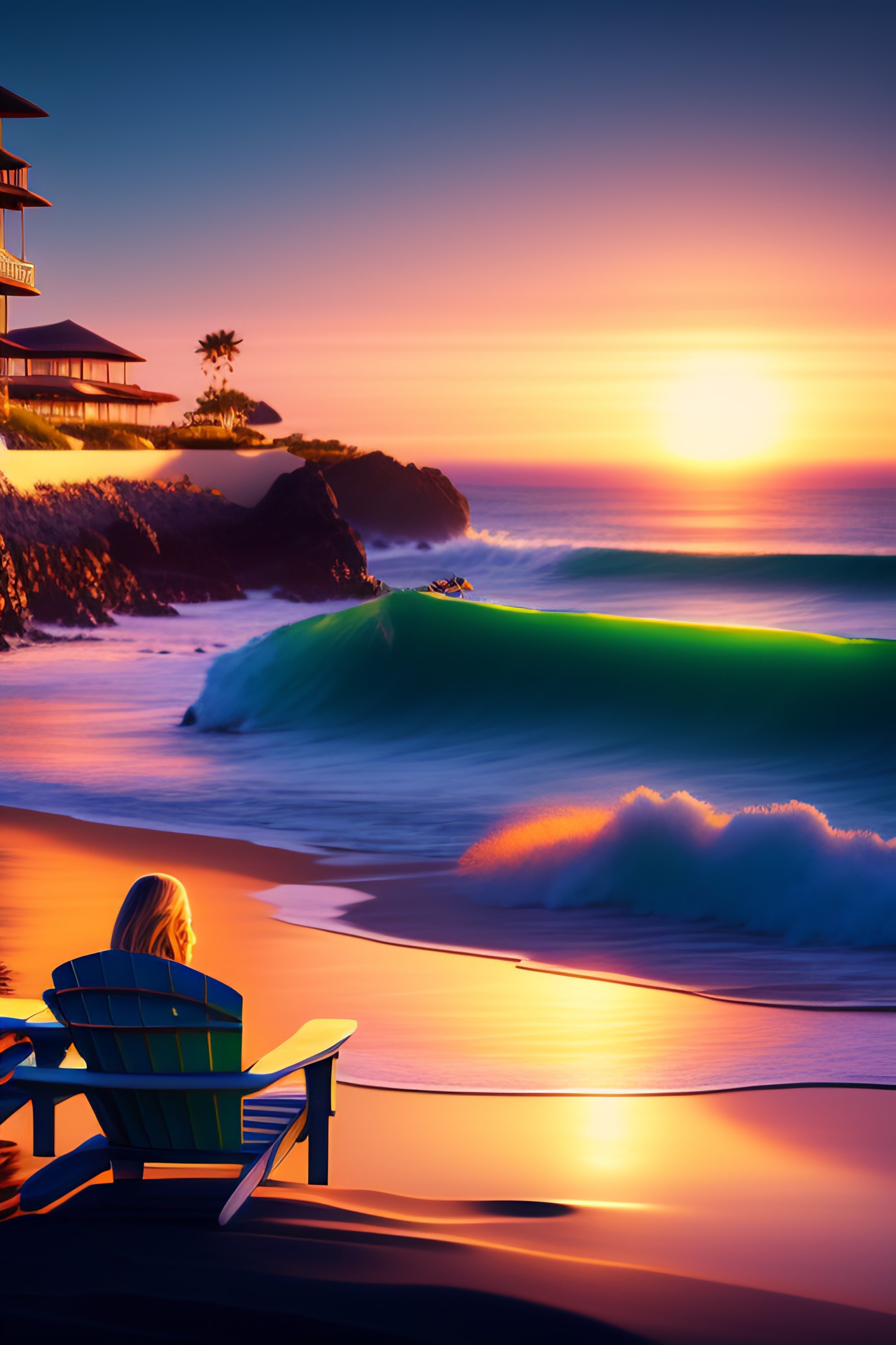 Lexica - A Laguna Beach sunset, two beautiful blonde women sitting on ...