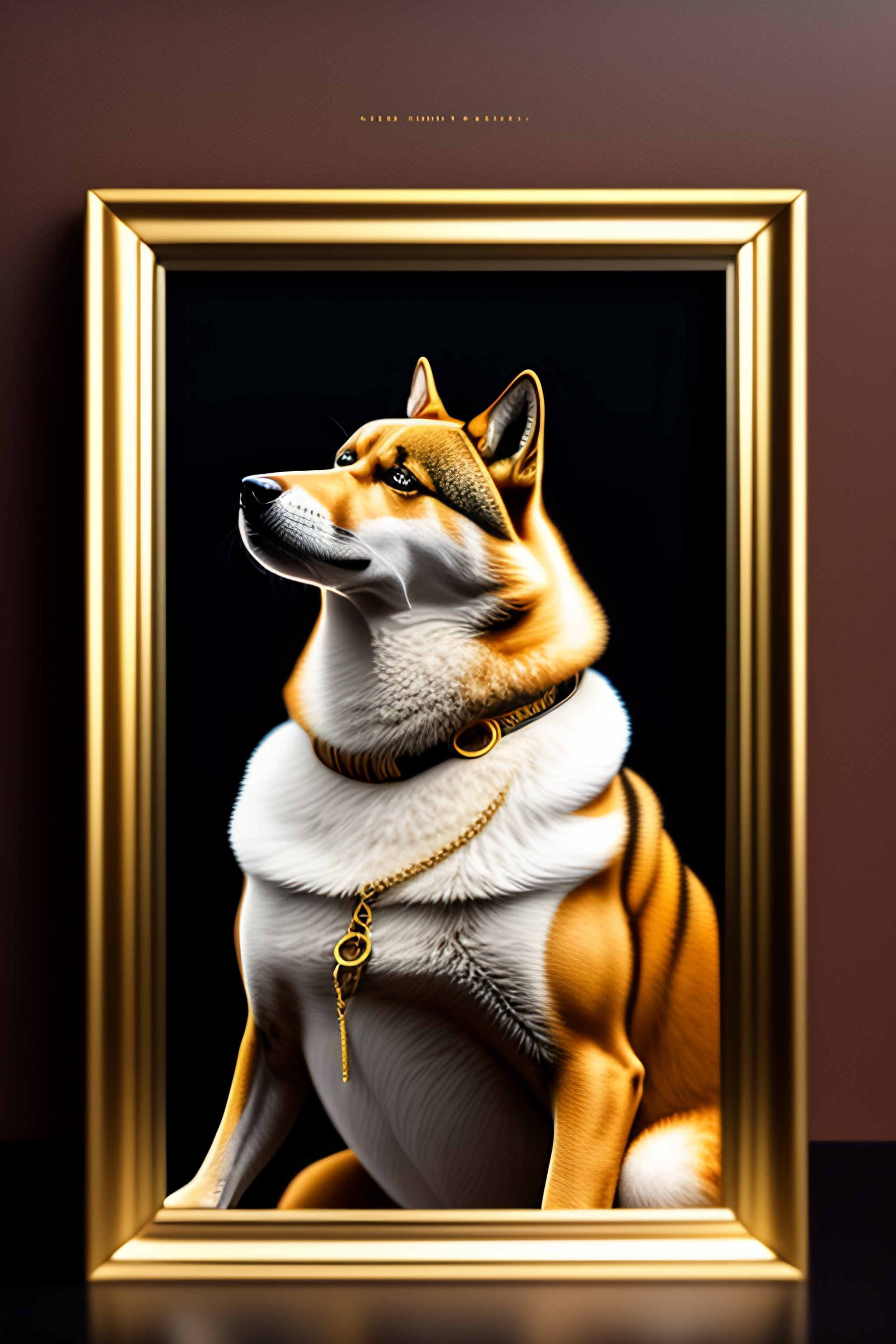 Lexica - Doge coin hound, in a frame, golden background, coin side