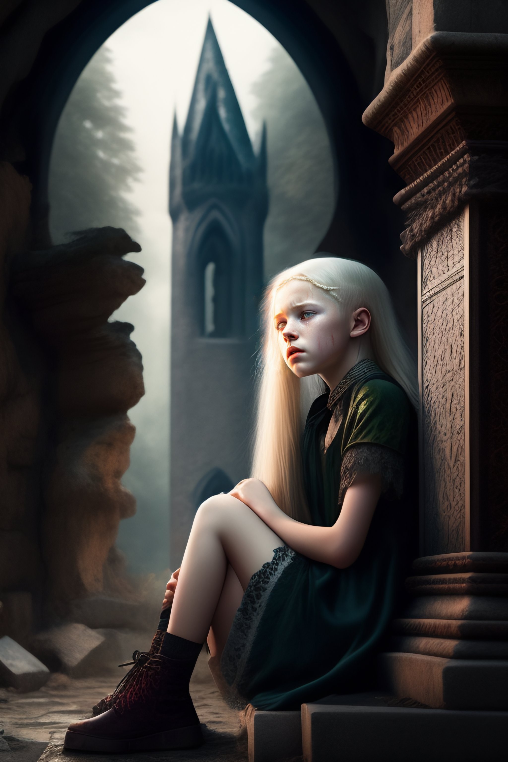 Lexica - 12 years old crying sad albino vampire female sitting on the ...