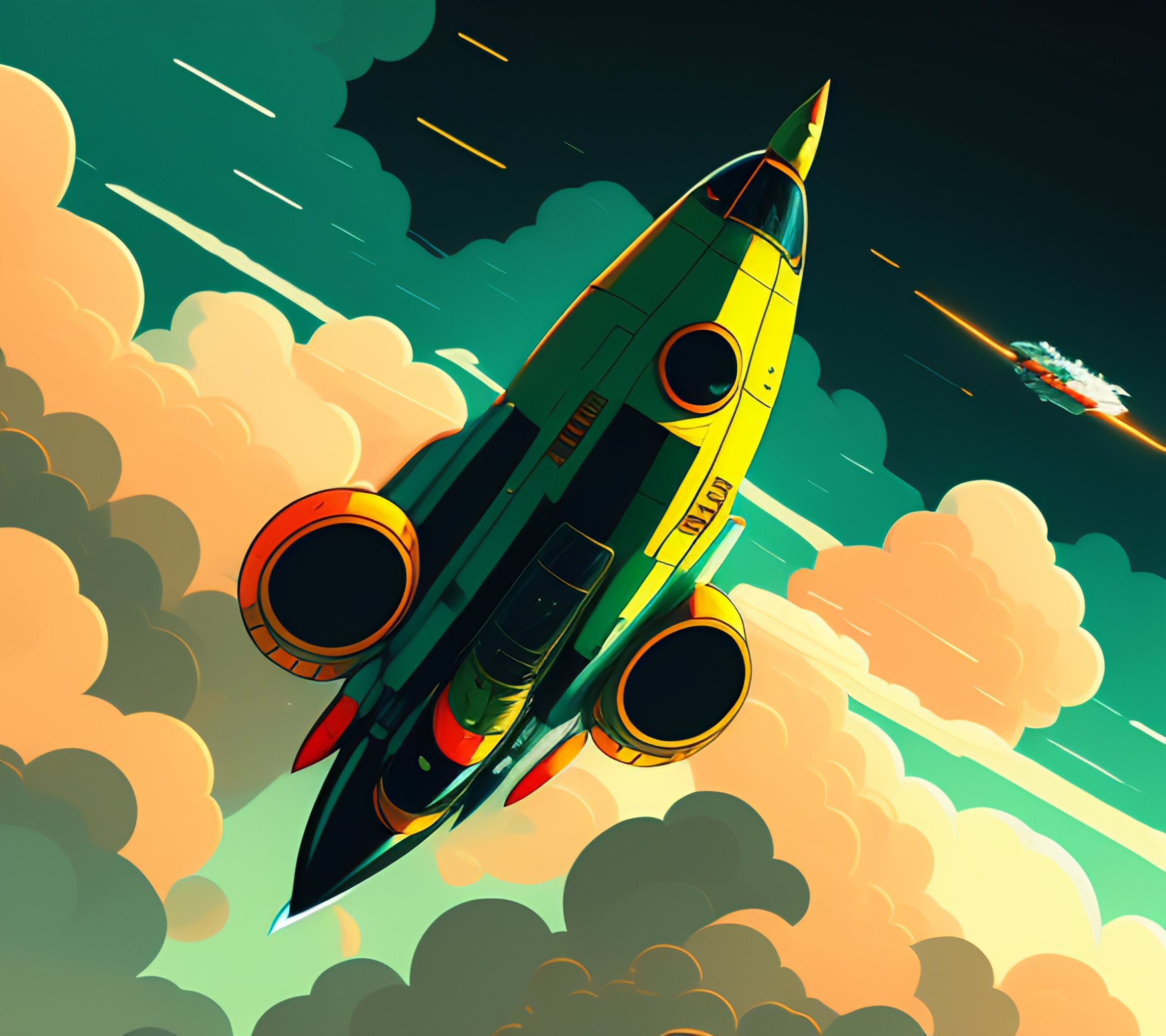 Lexica - Rocket flying through the clouds, style of laurie greasley ...