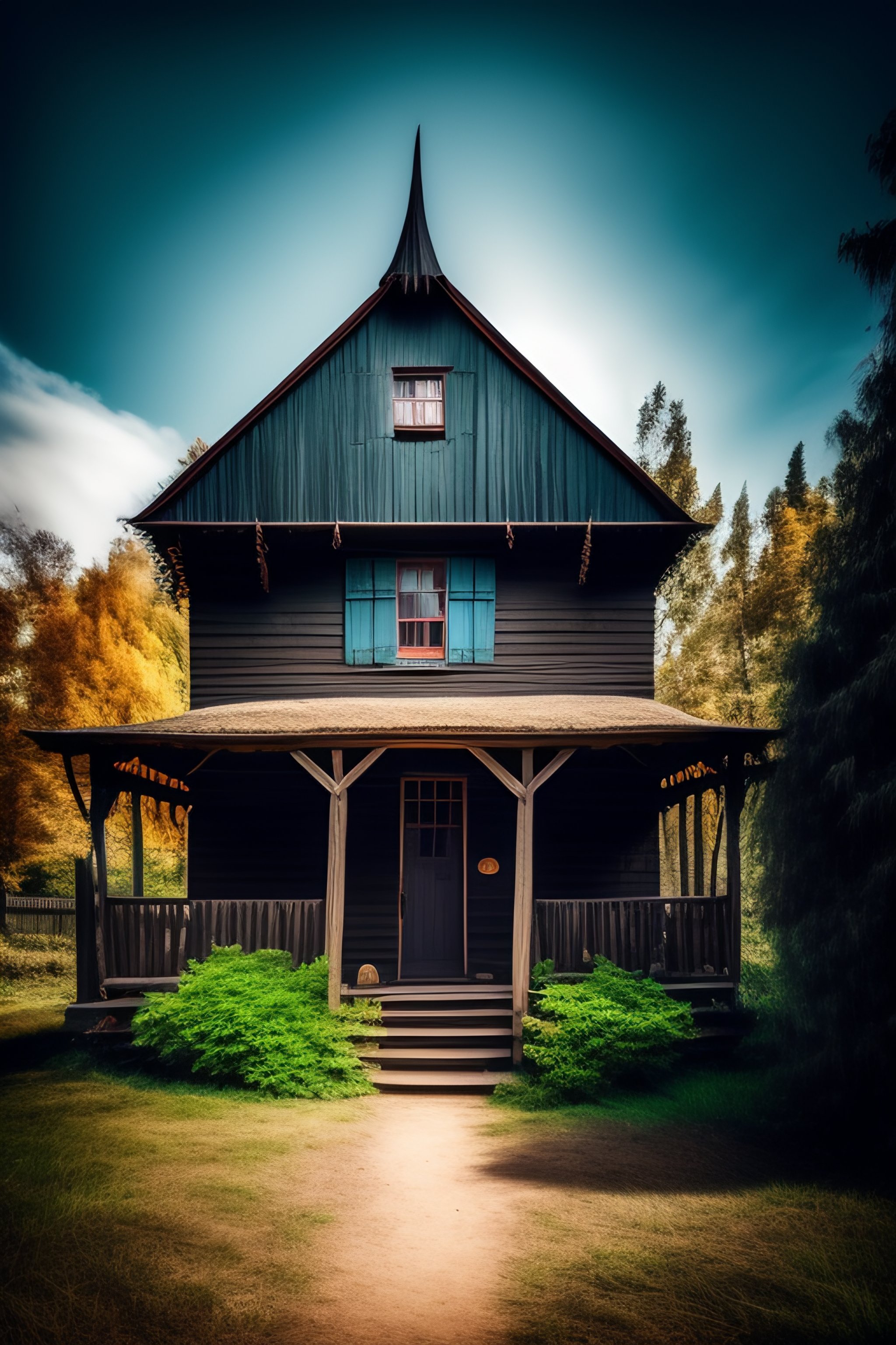 Lexica - Primitive style portrait of a haunted house, hooded figure in ...