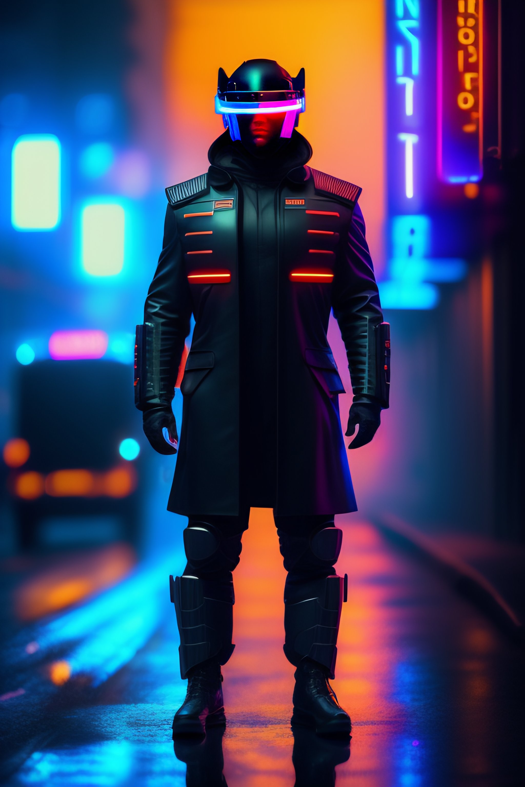 Lexica - Futuristic cyberpunk masked cop, full body, heavy rain, neon ...