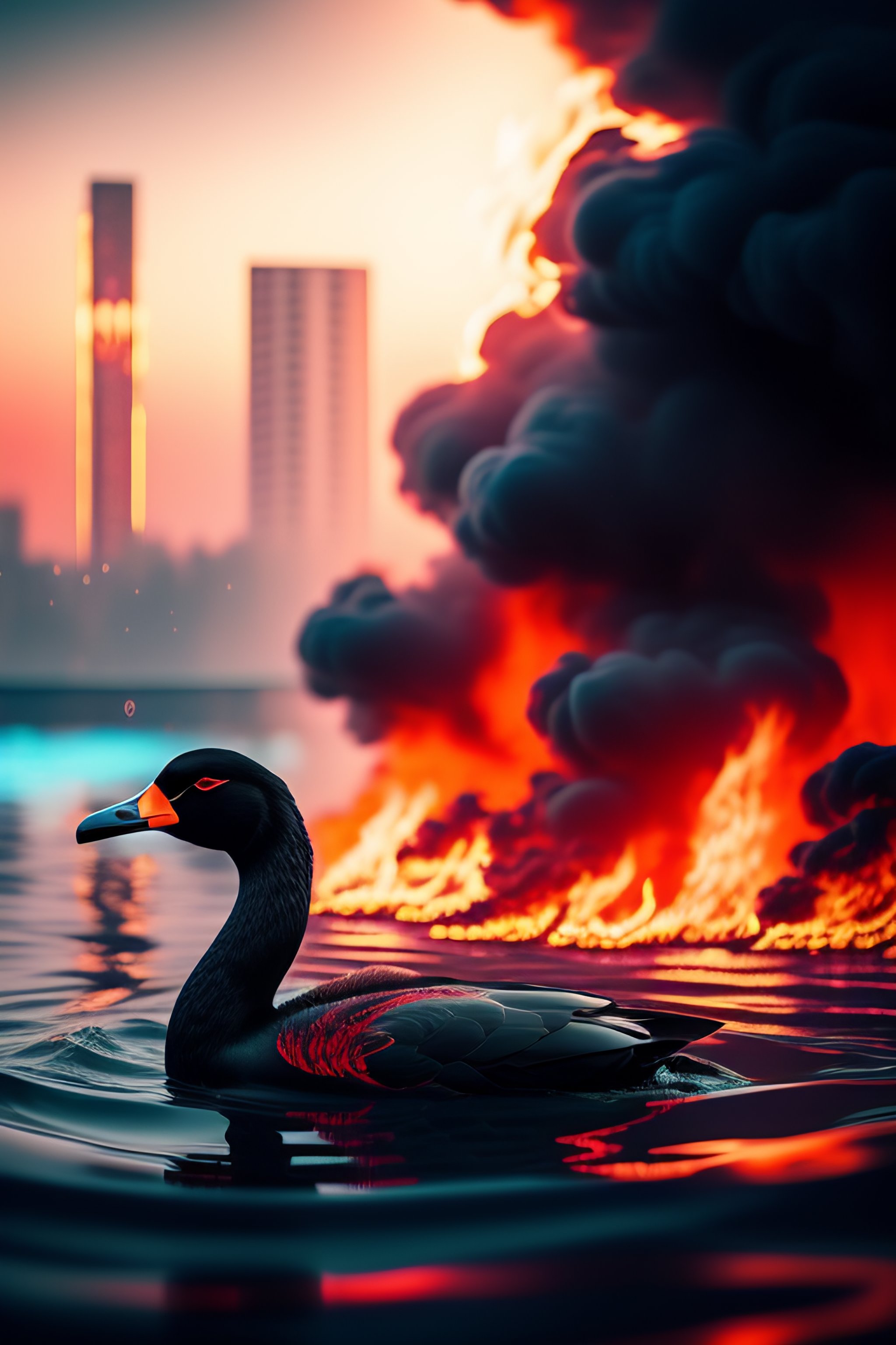 Lexica - A black swan with red eyes swimming in a sea by night, flames ...