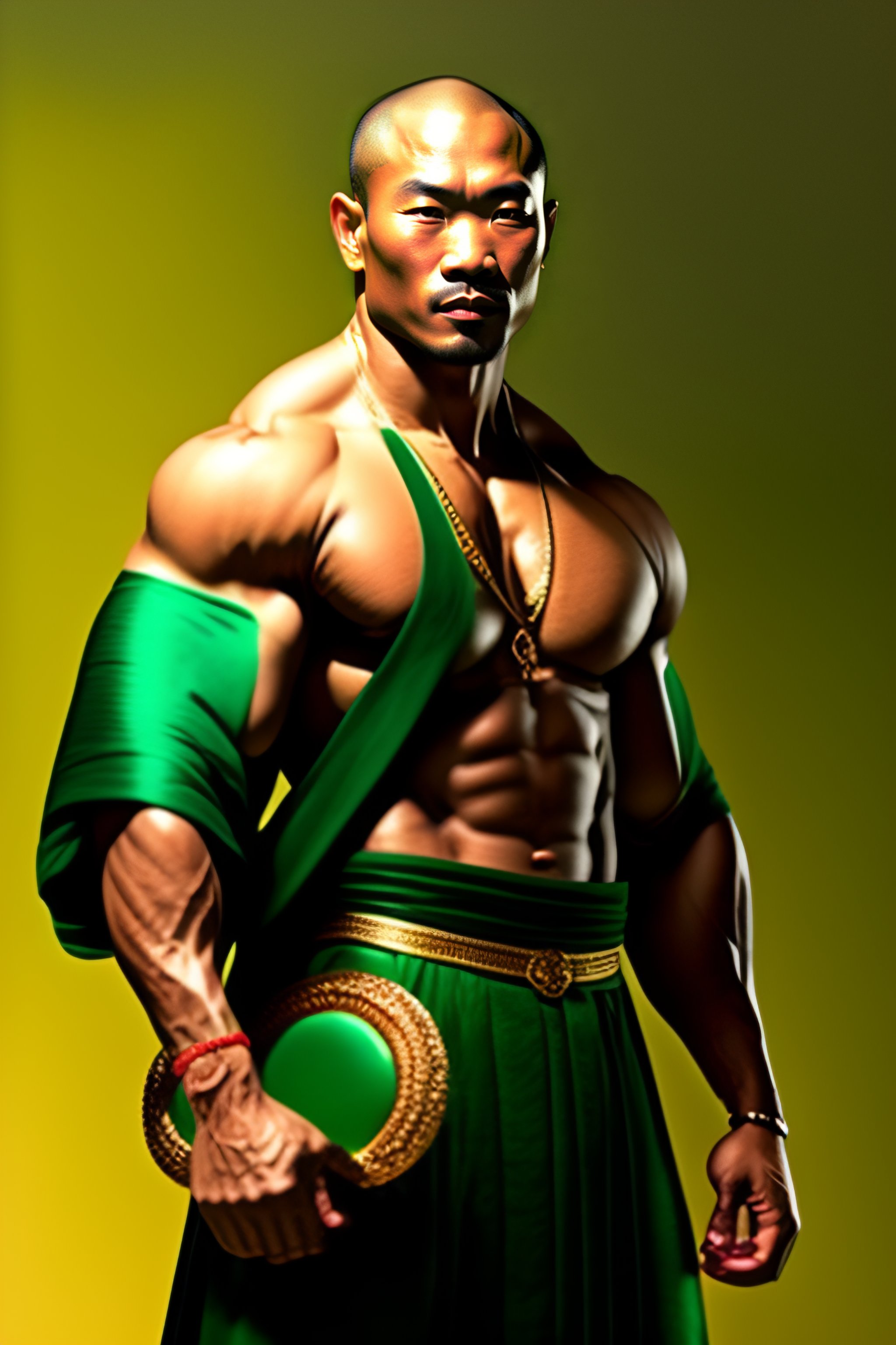 Lexica - Asian monk with bulging muscles and green and gold cloth pants ...
