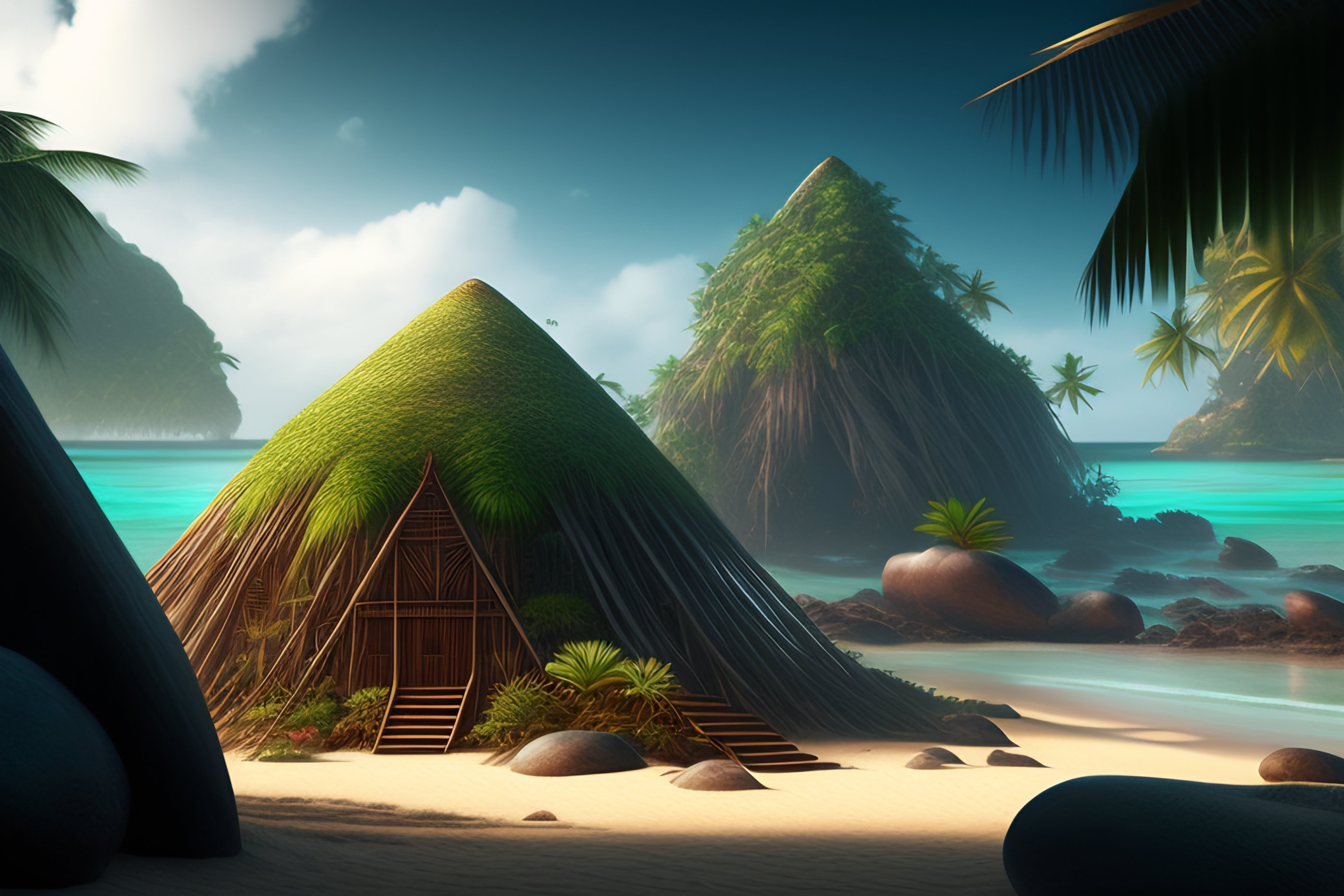 Lexica - Giant elven amerindian hut bamboo on tropical island beach ...