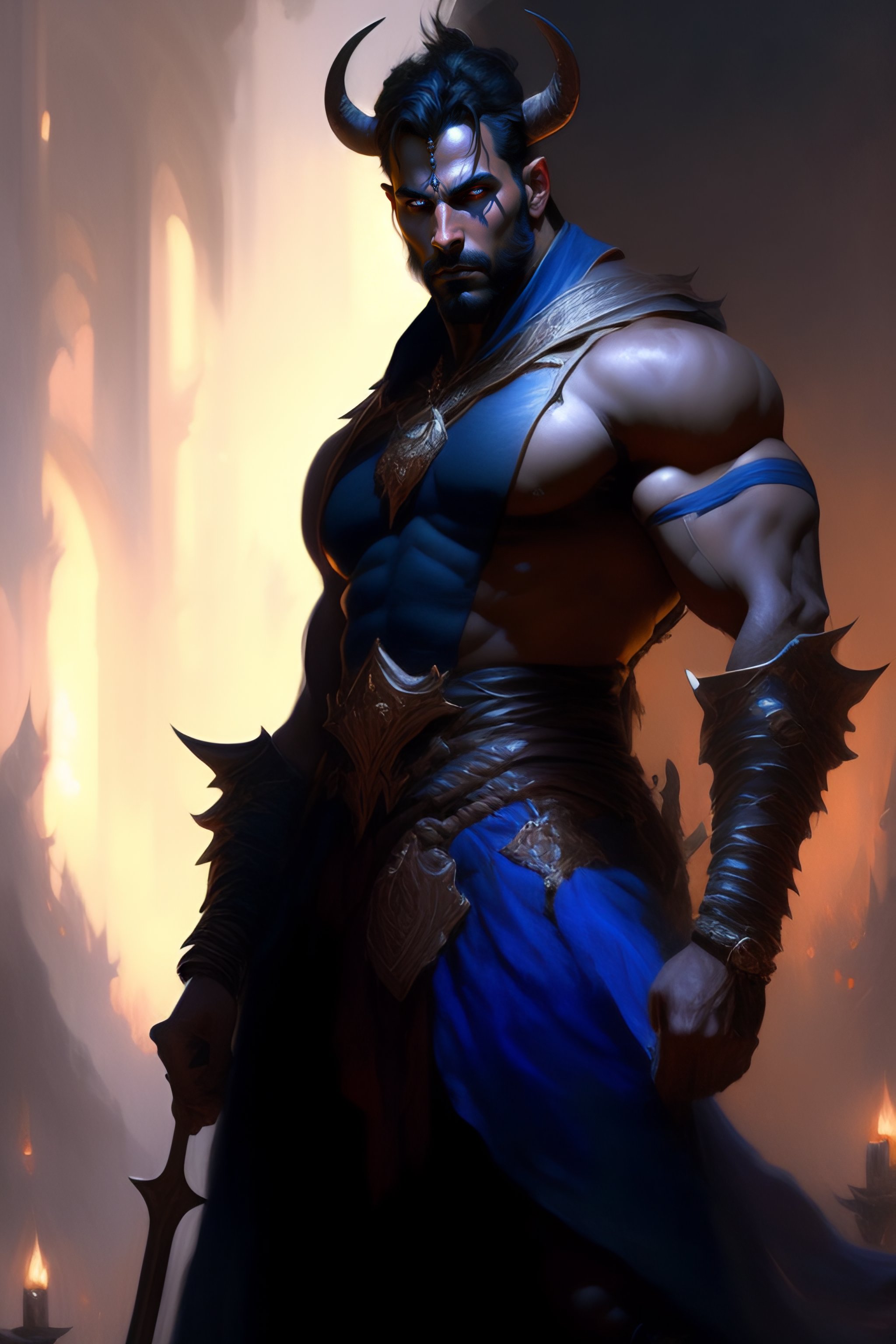 Lexica - Overwight handsome dark blue tiefling guy with horns and dark ...