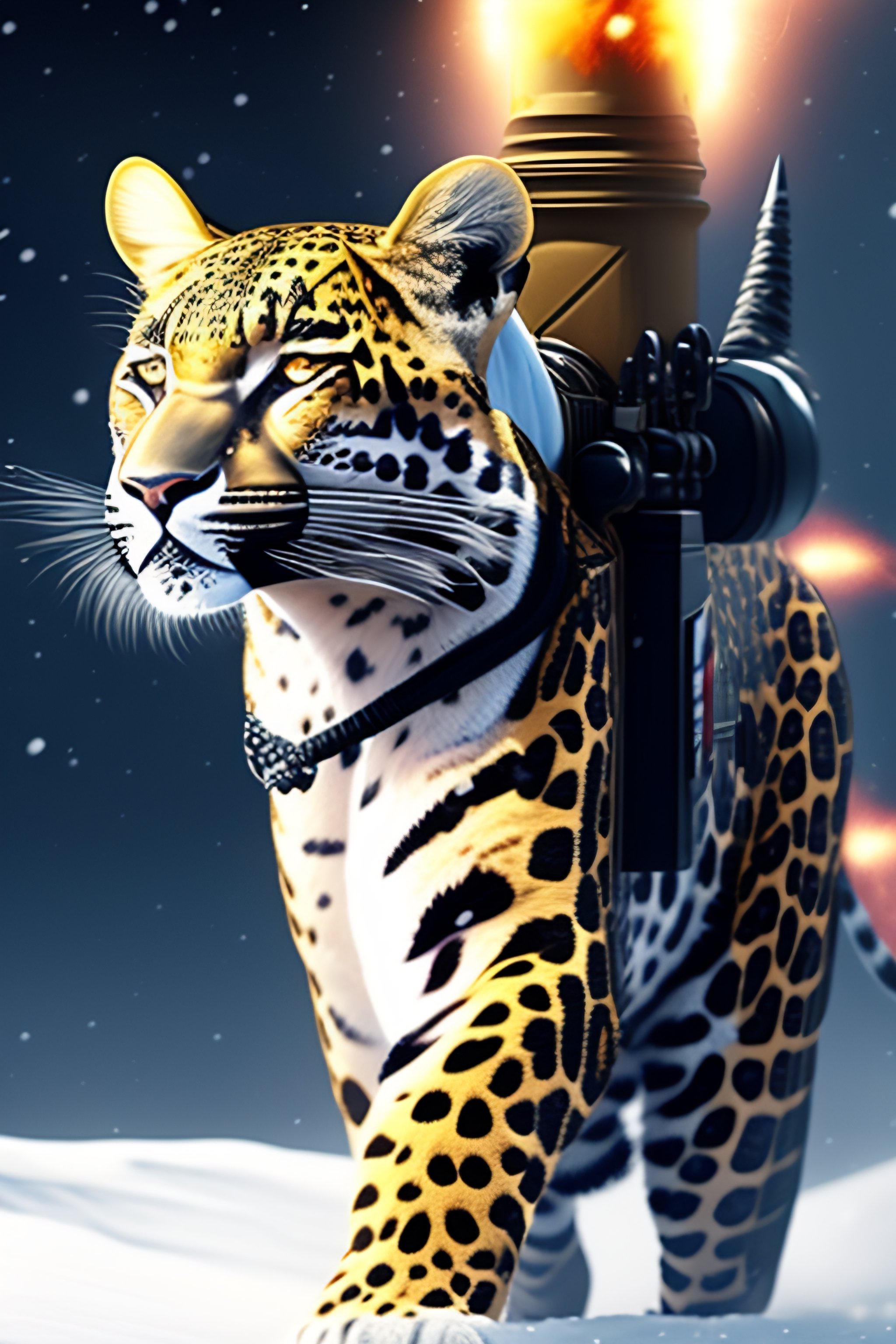 Lexica - A snow-white leopard wielding a rocket-launcher from a video game.