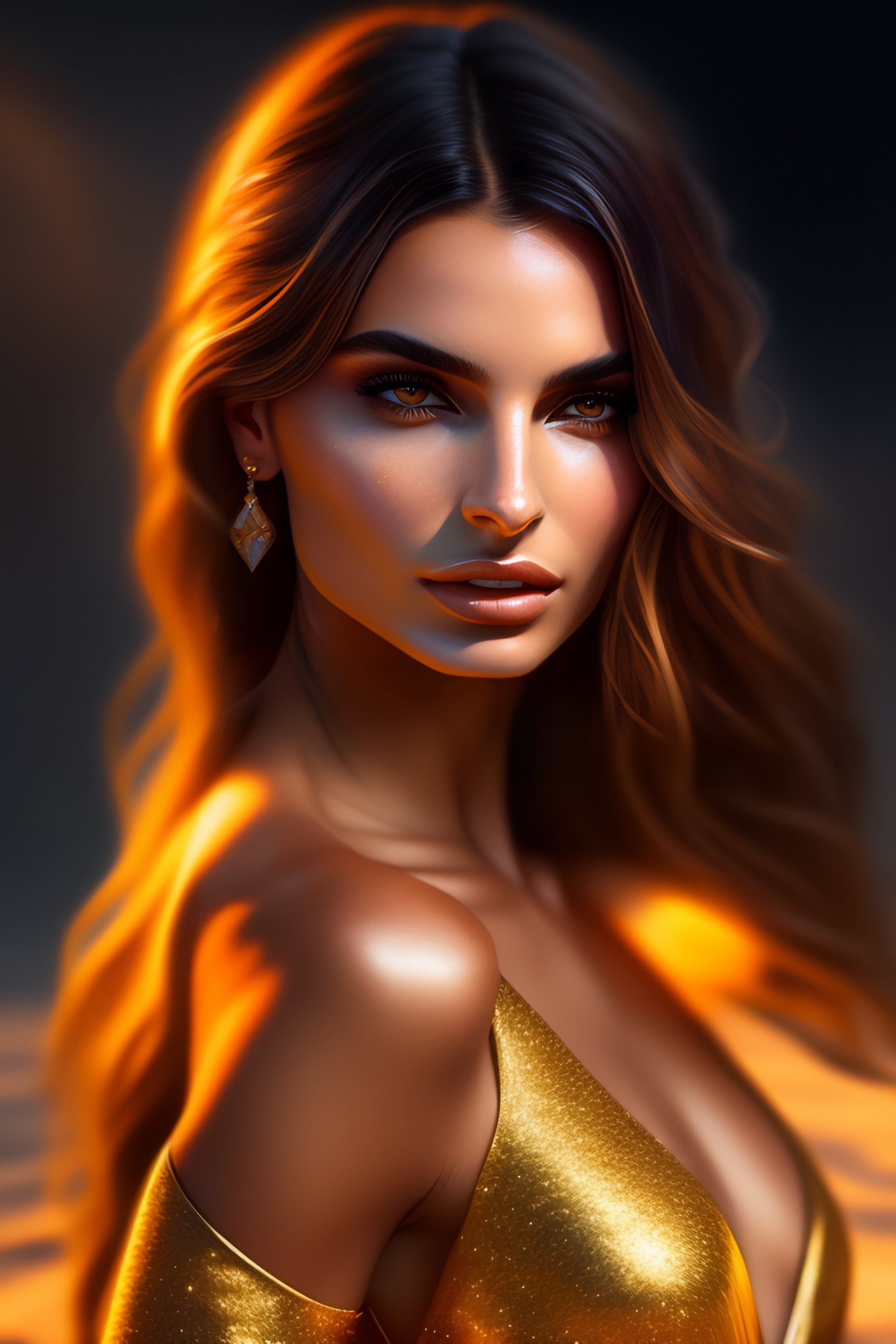 Lexica - A beautiful cinematic female sand goddess, emily ratajkowski, golden dress, glow golden ...