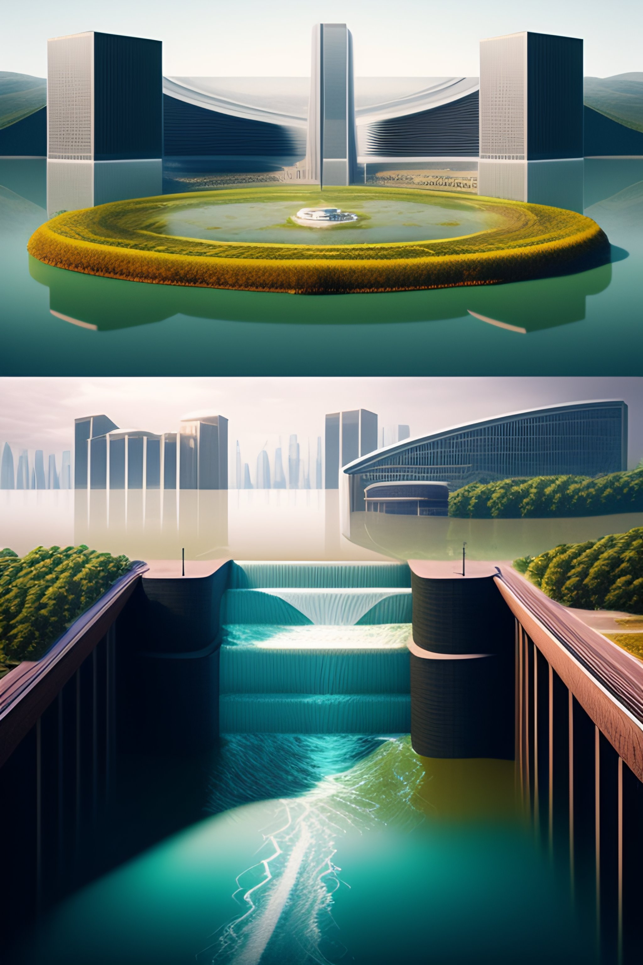 Lexica - Dam cracked by small robots, flooding, office skyscrapers ...