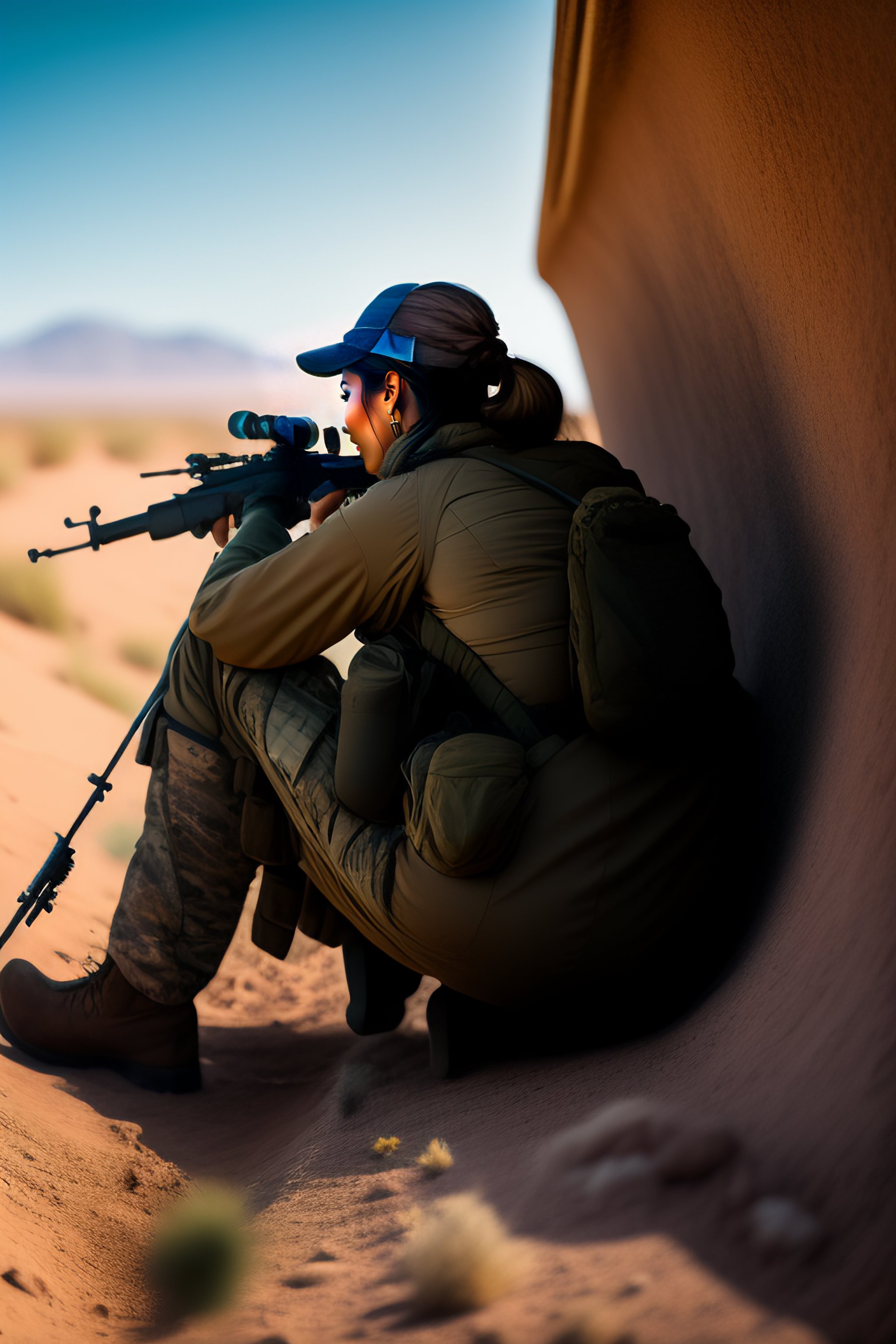 Lexica - Full frame, image from behind, a beautiful female sniper lying ...