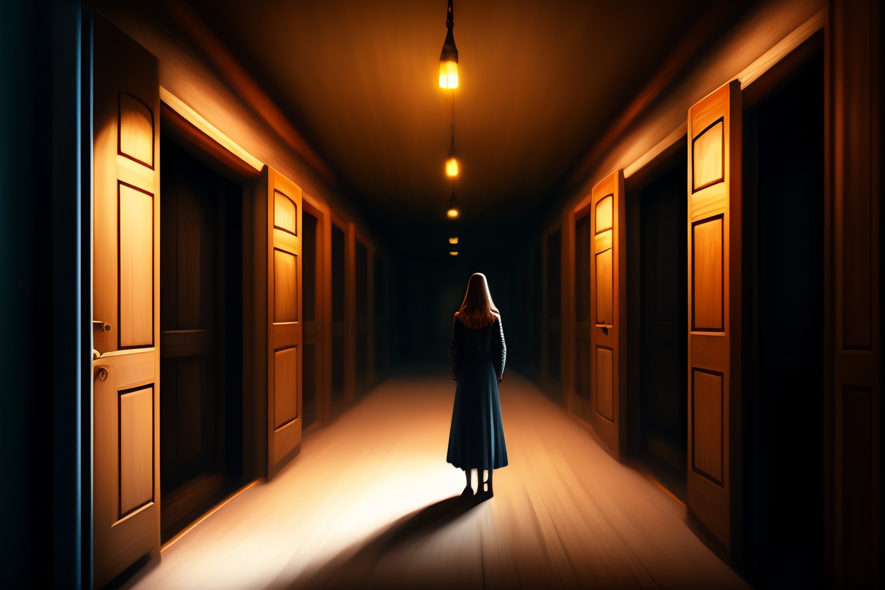 Lexica - Woman standing in a cellar corridor with doors on the left and ...