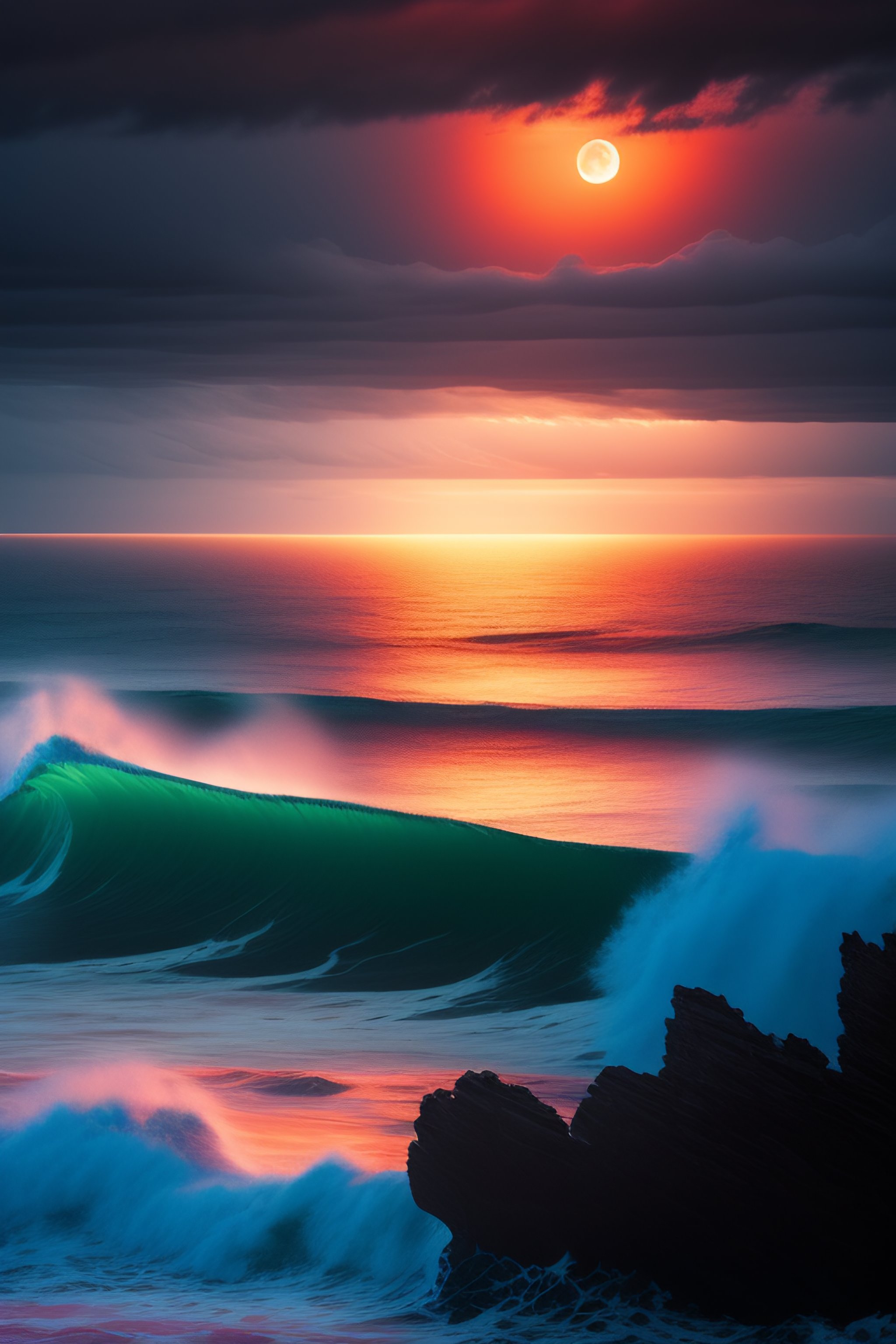 Lexica - Red moon over stormy red ocean, huge clouds, dappled silver ...