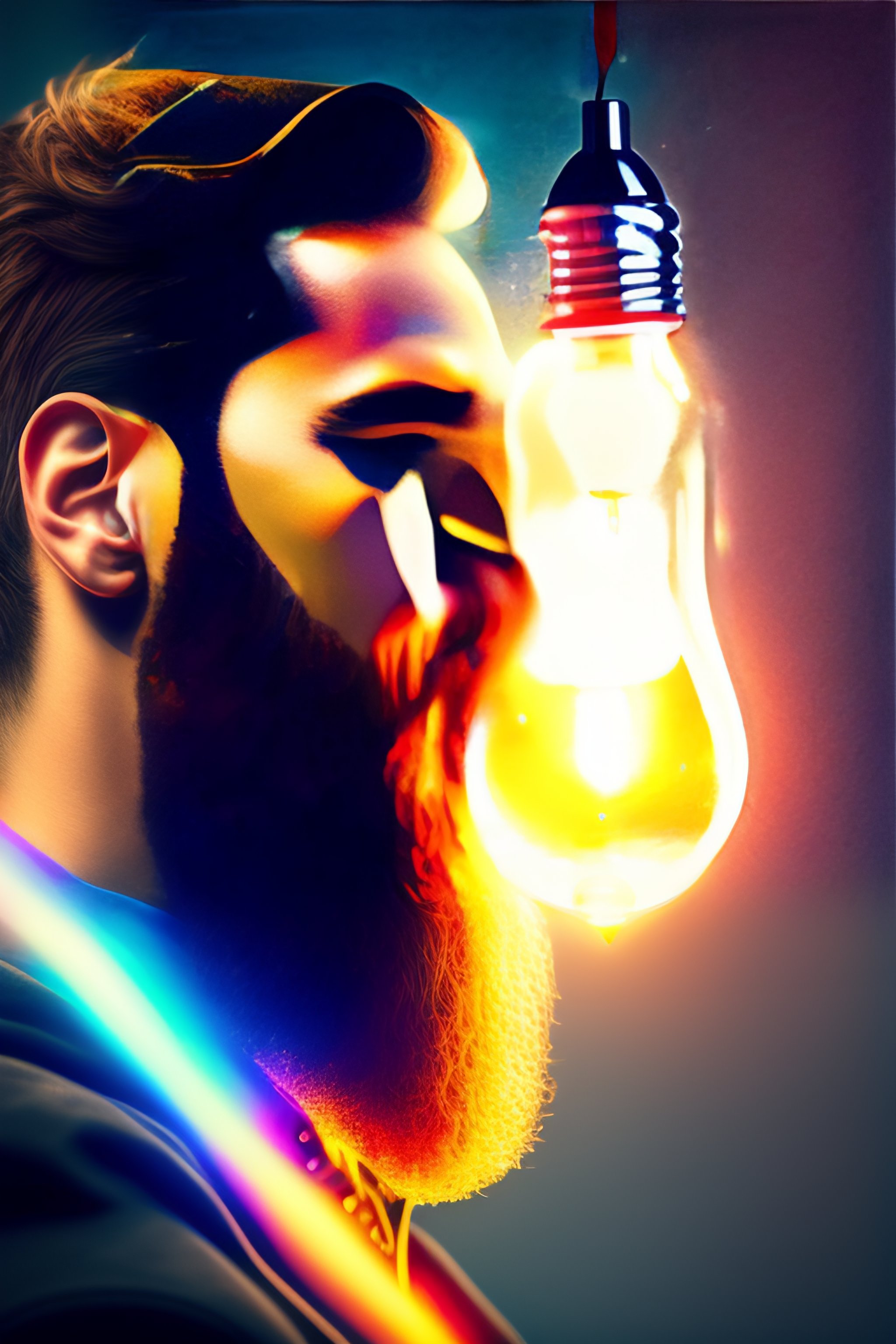 Lexica - A man with a full, short beard, light bulb, explosion of ...