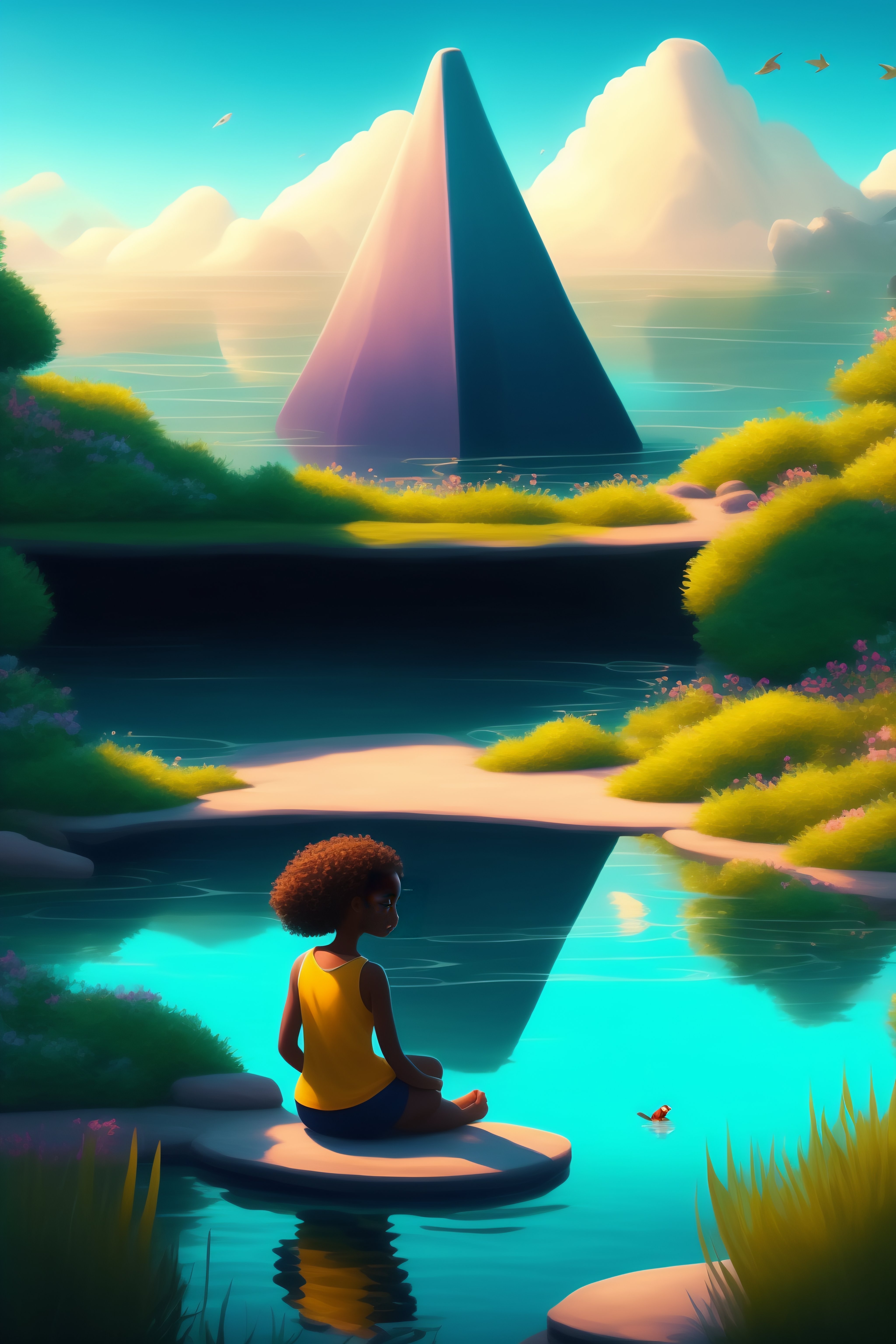 Lexica - View of gorgeous pond with happy black girl sitting by the ...