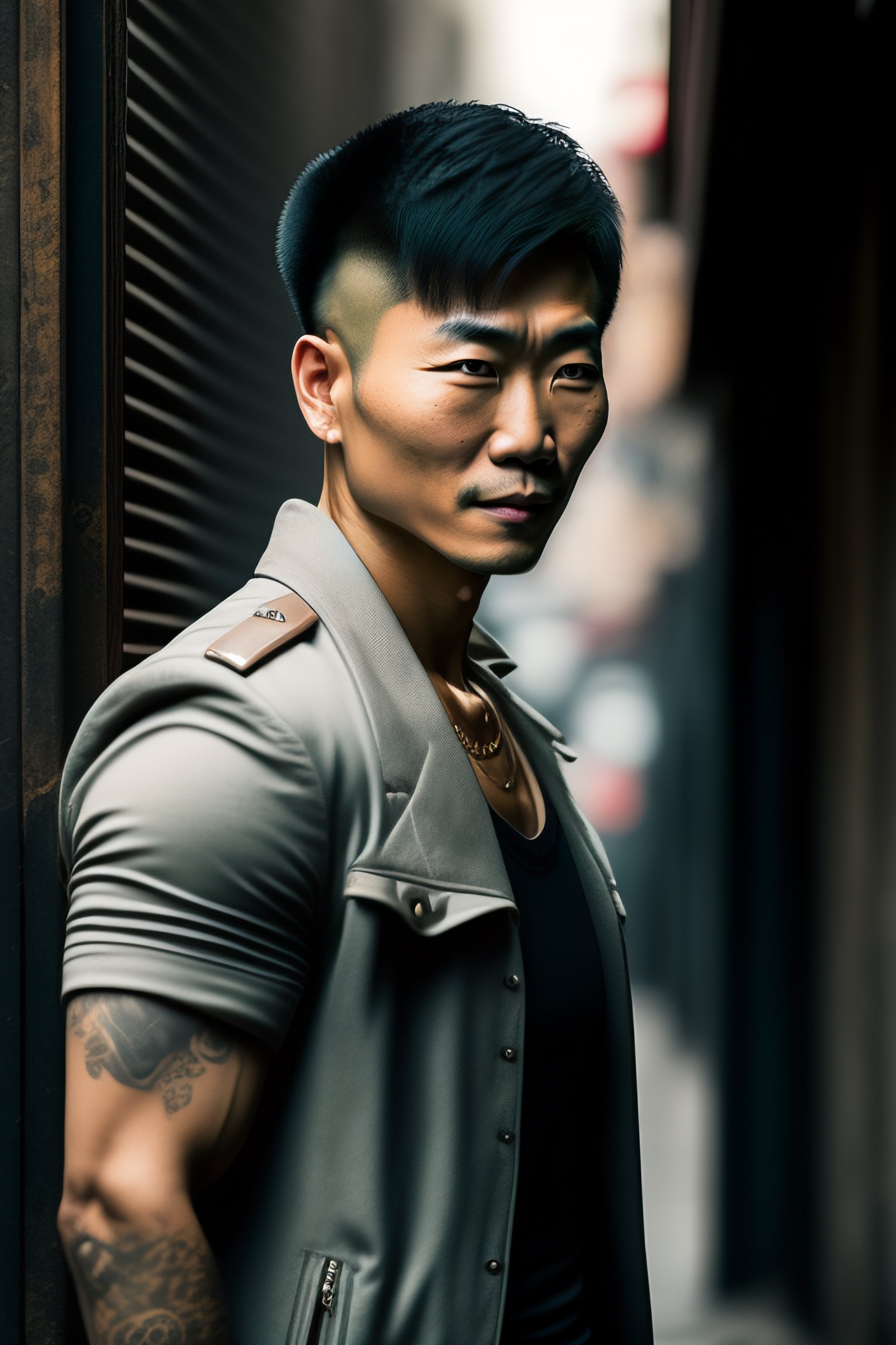 Lexica - Asian man in a back alley with a dragon tattoo in a matrix style