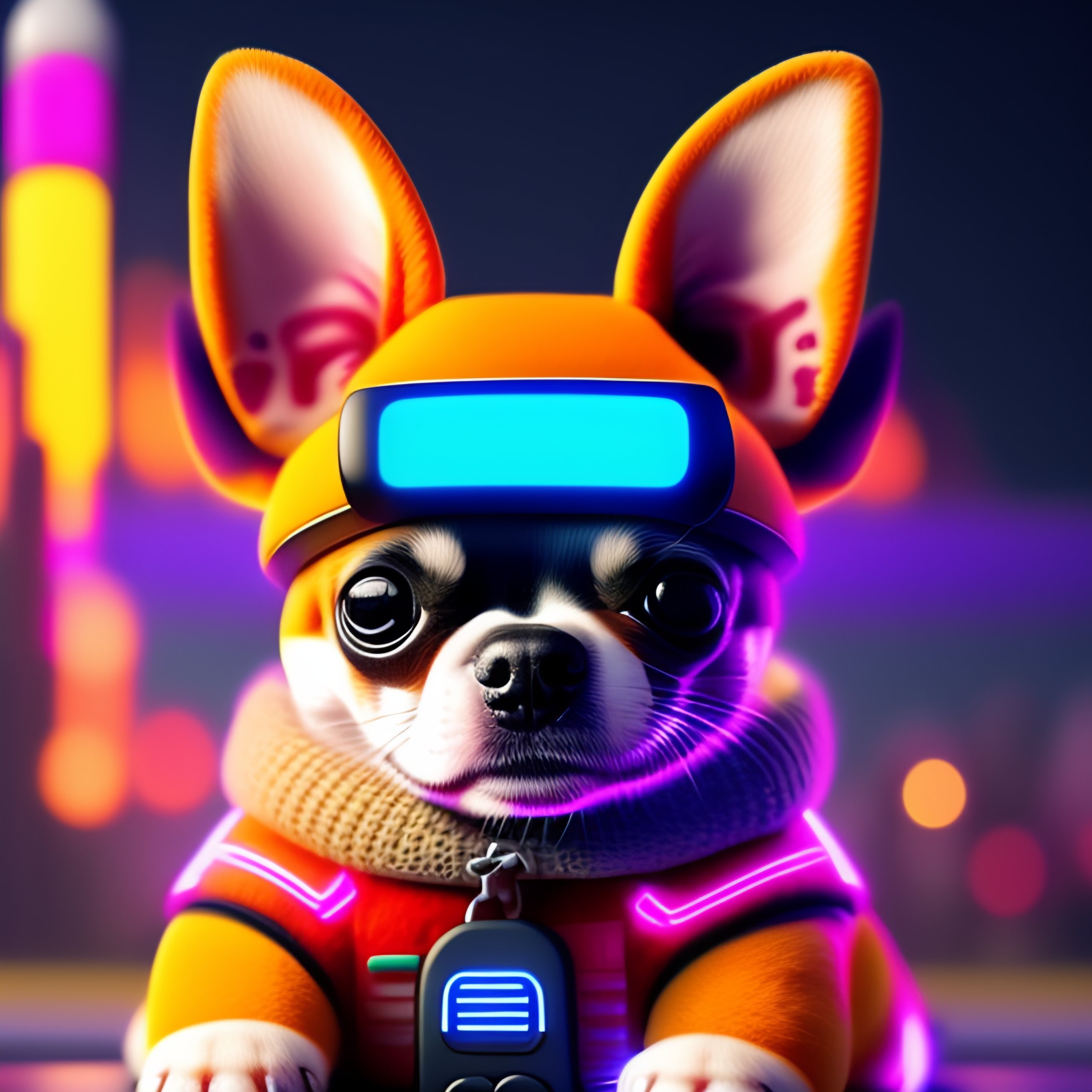 Lexica - A 3d plush burning cute cyberpunk chihuahua dog wearing a ...
