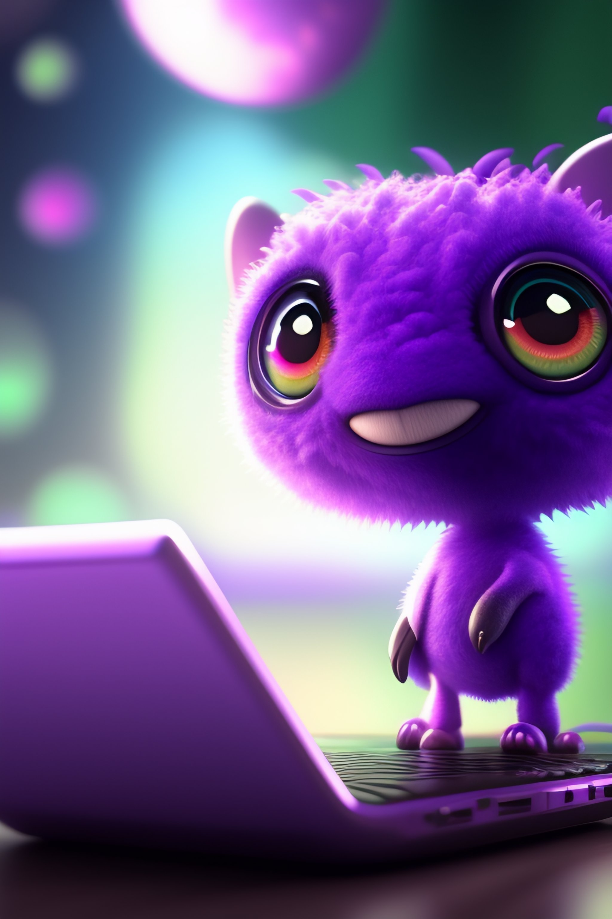 Lexica - One cute purple monster with big eyes debugging on a computer