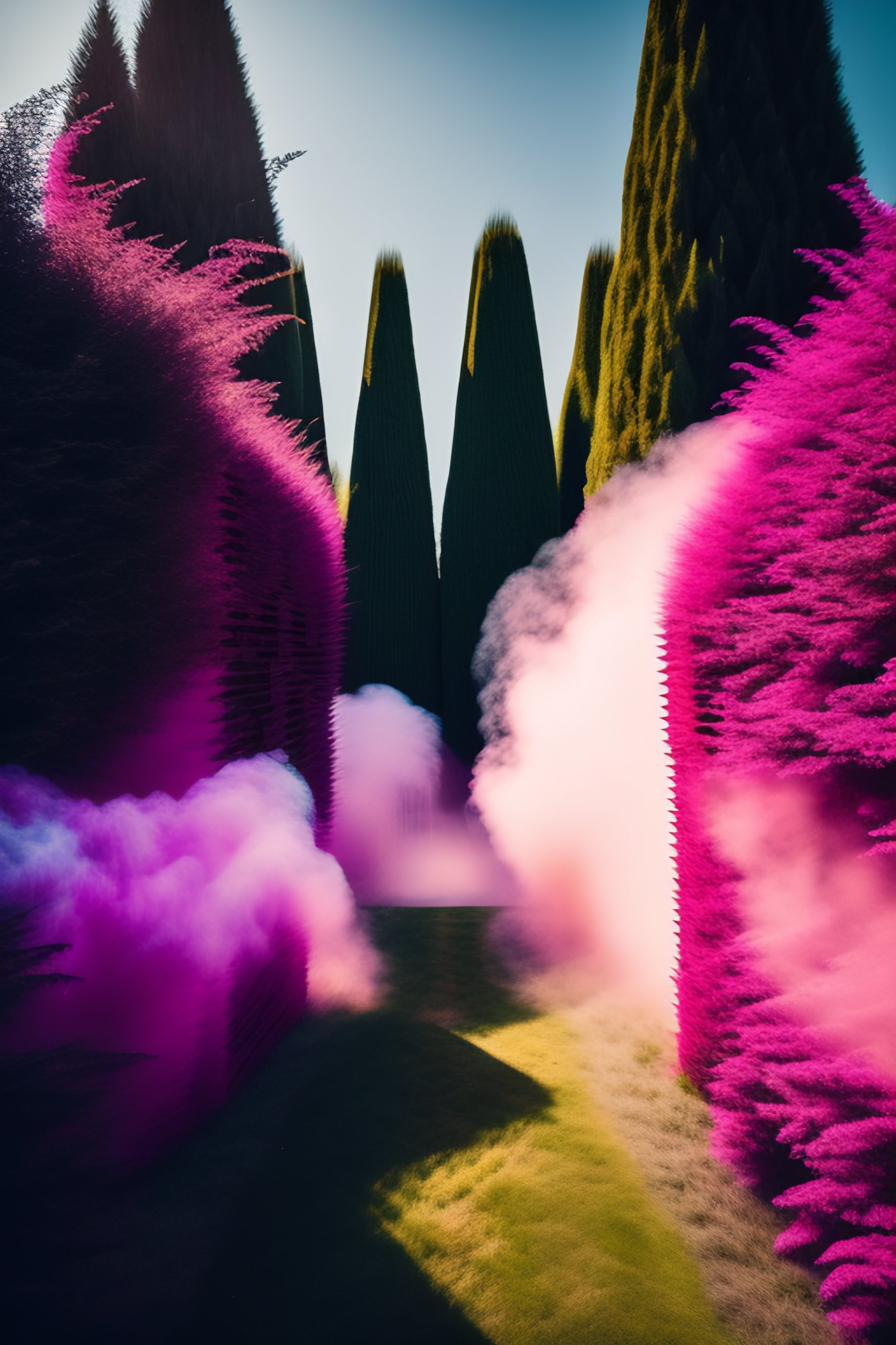 Lexica - Tall hedge maze, pink smoke, geometric, minimal, vintage, scary