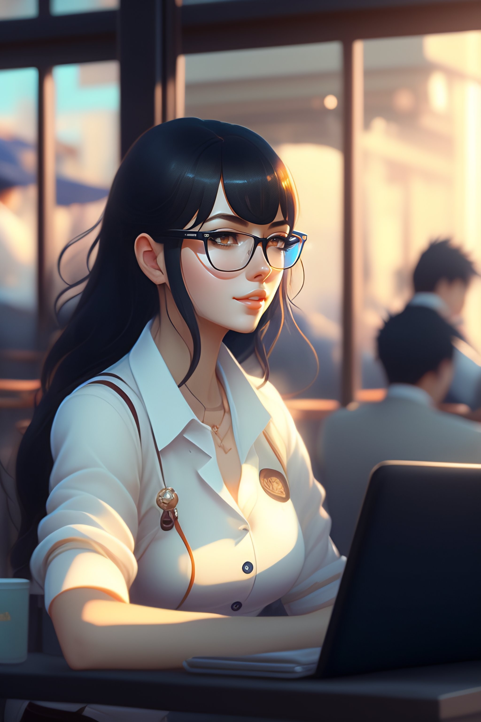 Lexica - Cute girl engineering in work clothes black hair black wayfarer glasses sitting inside ...