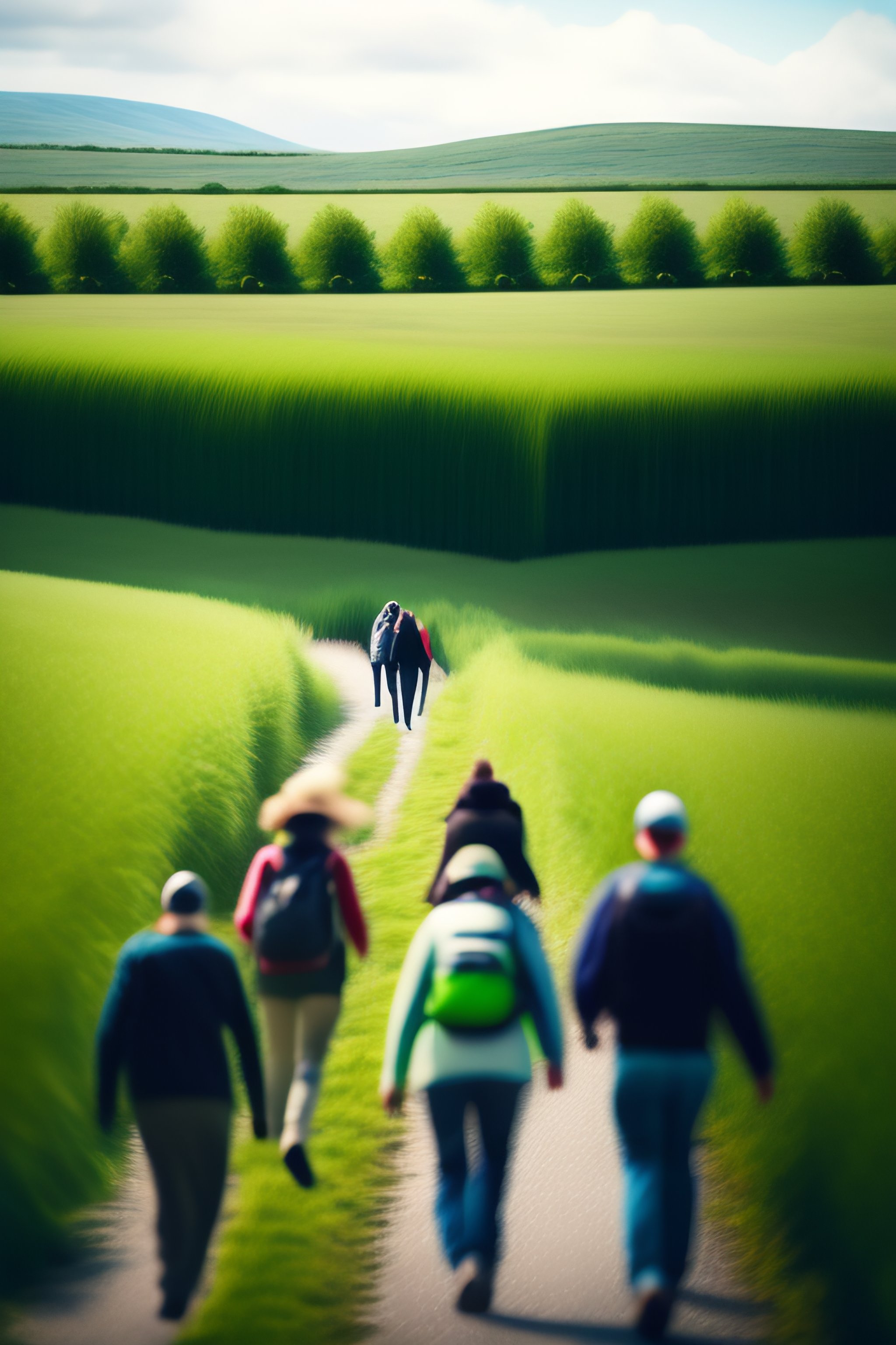 Lexica - Background full of people chasing, front view, green grass ...