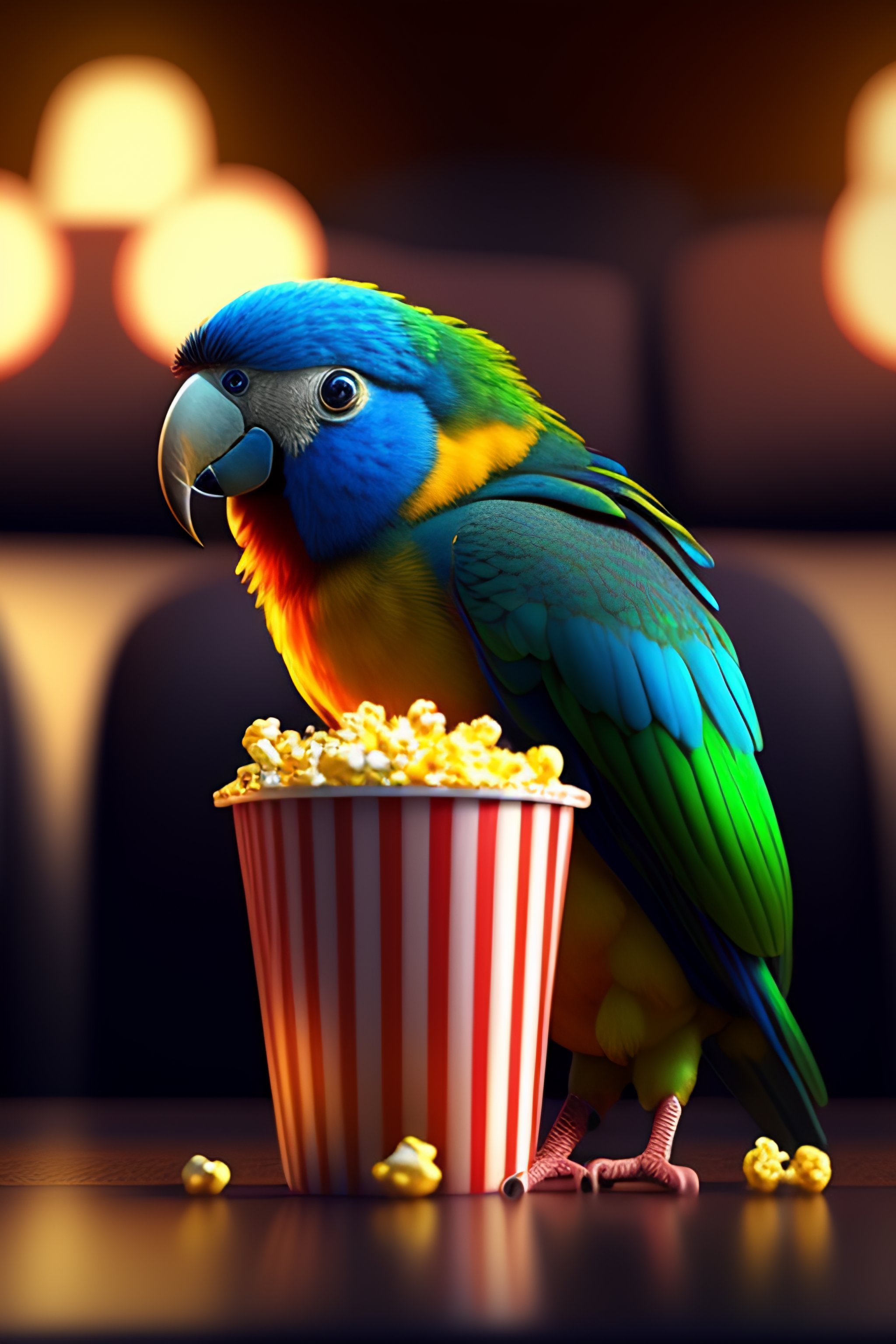 Lexica - Cute small humanoid parrot sitting in a movie theater eating ...